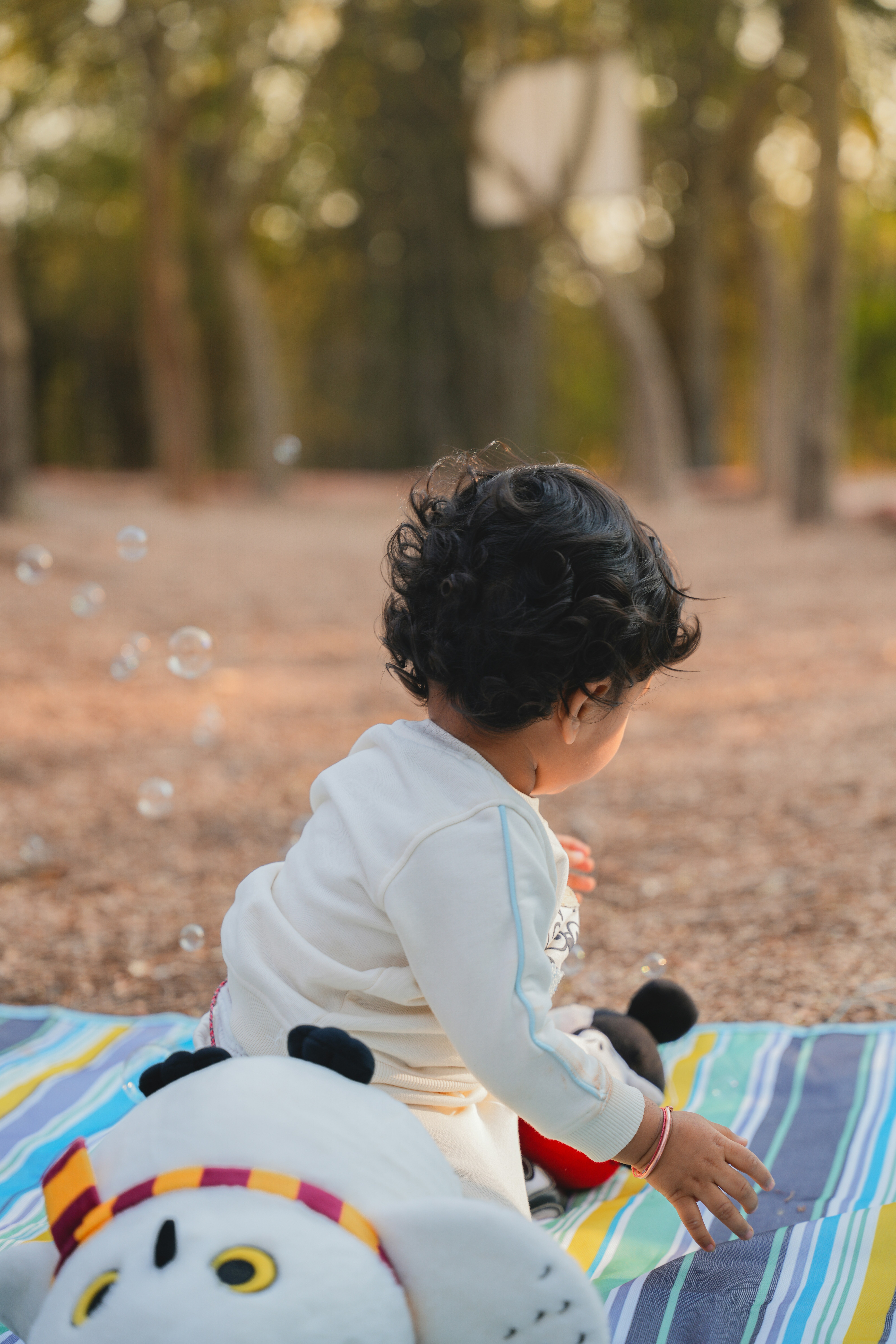 Child on a Sunlit Picnic Blanket Chasing Bubbles in Golden Light