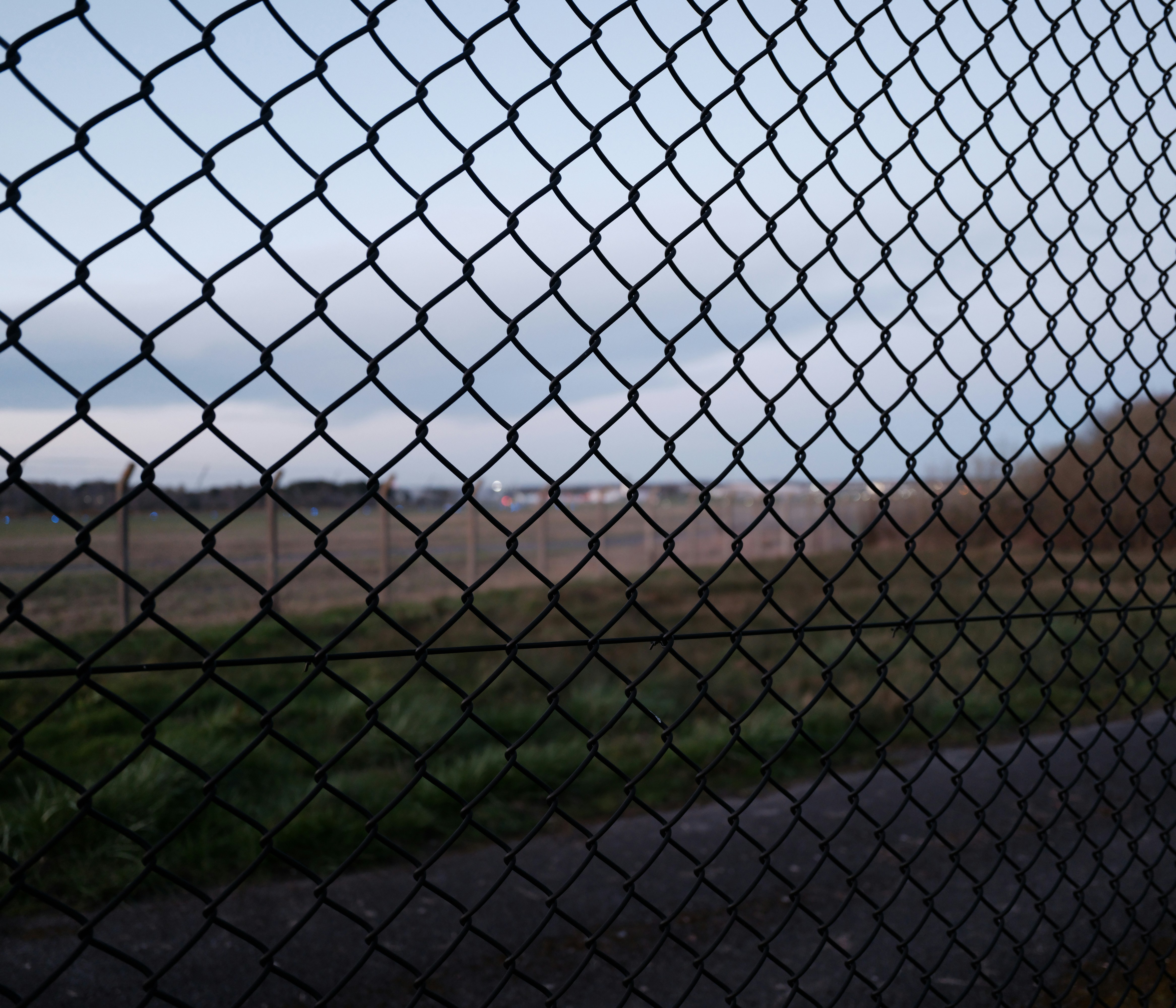 Fence Grid Over an Expansive Field at Dusk