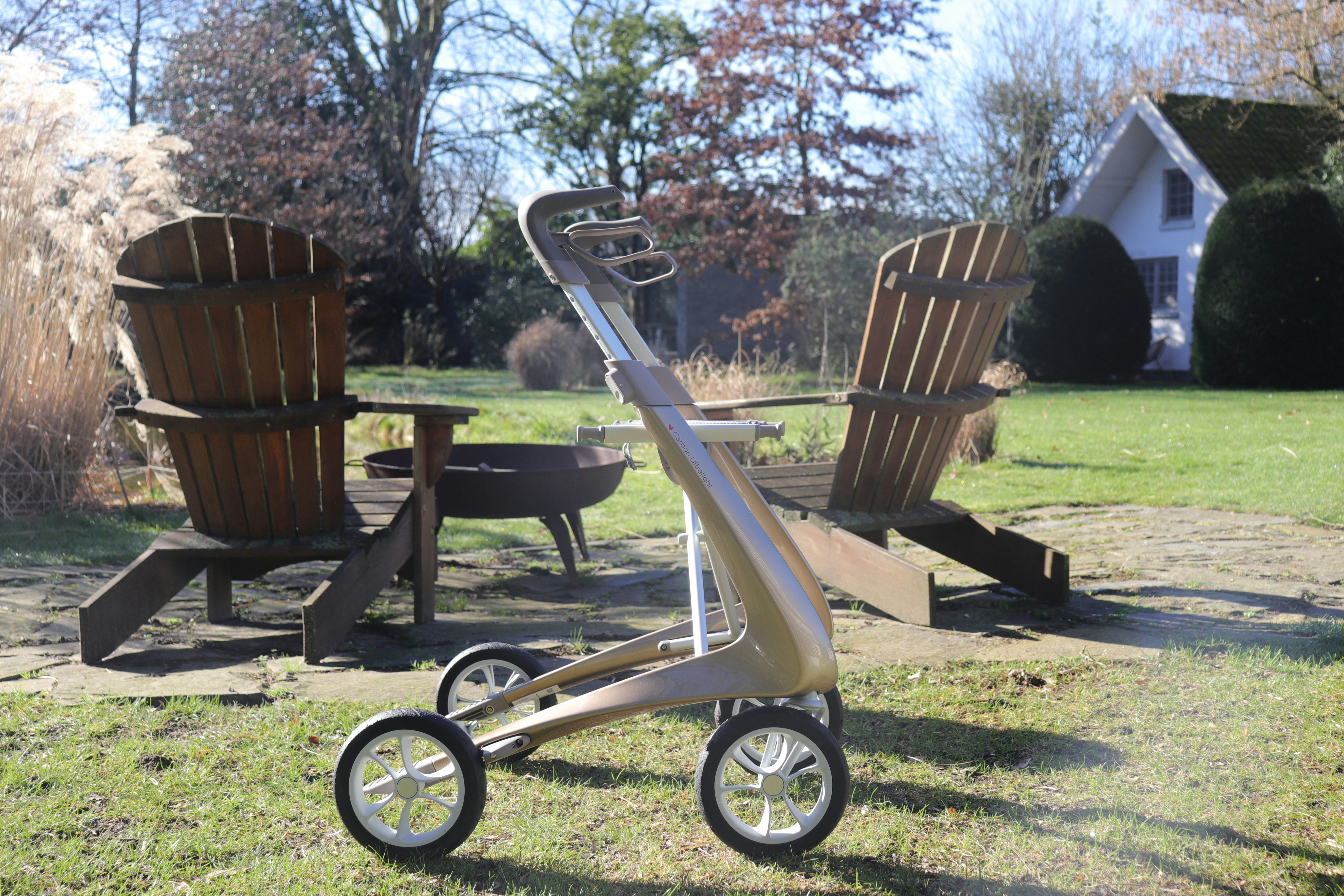 Silent Sunset in the Yard: A Silver Stroller Stands as Adirondack Chairs Overlook the Scene