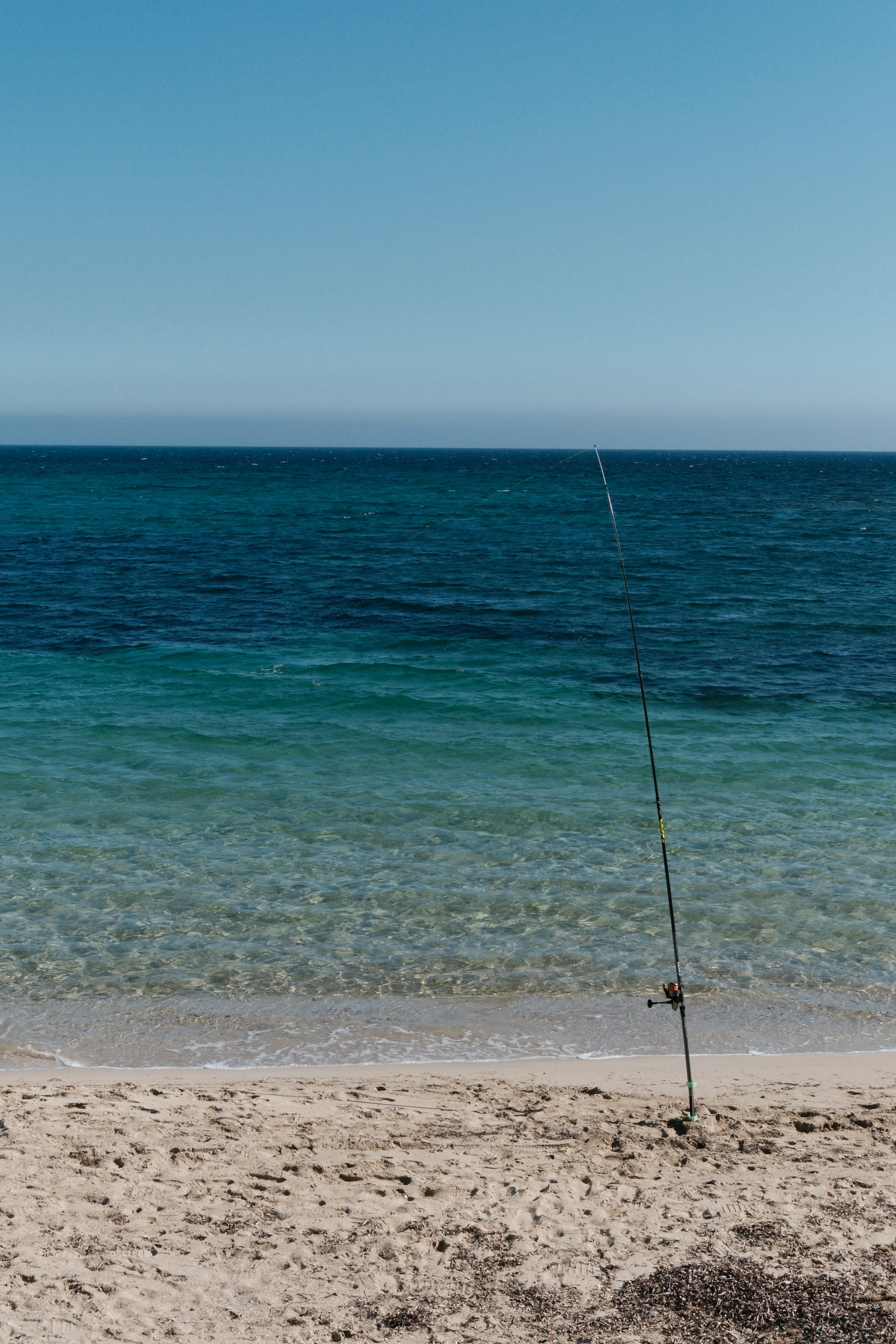 Line in the Tide: A solitary fishing rod at the edge of calm seas