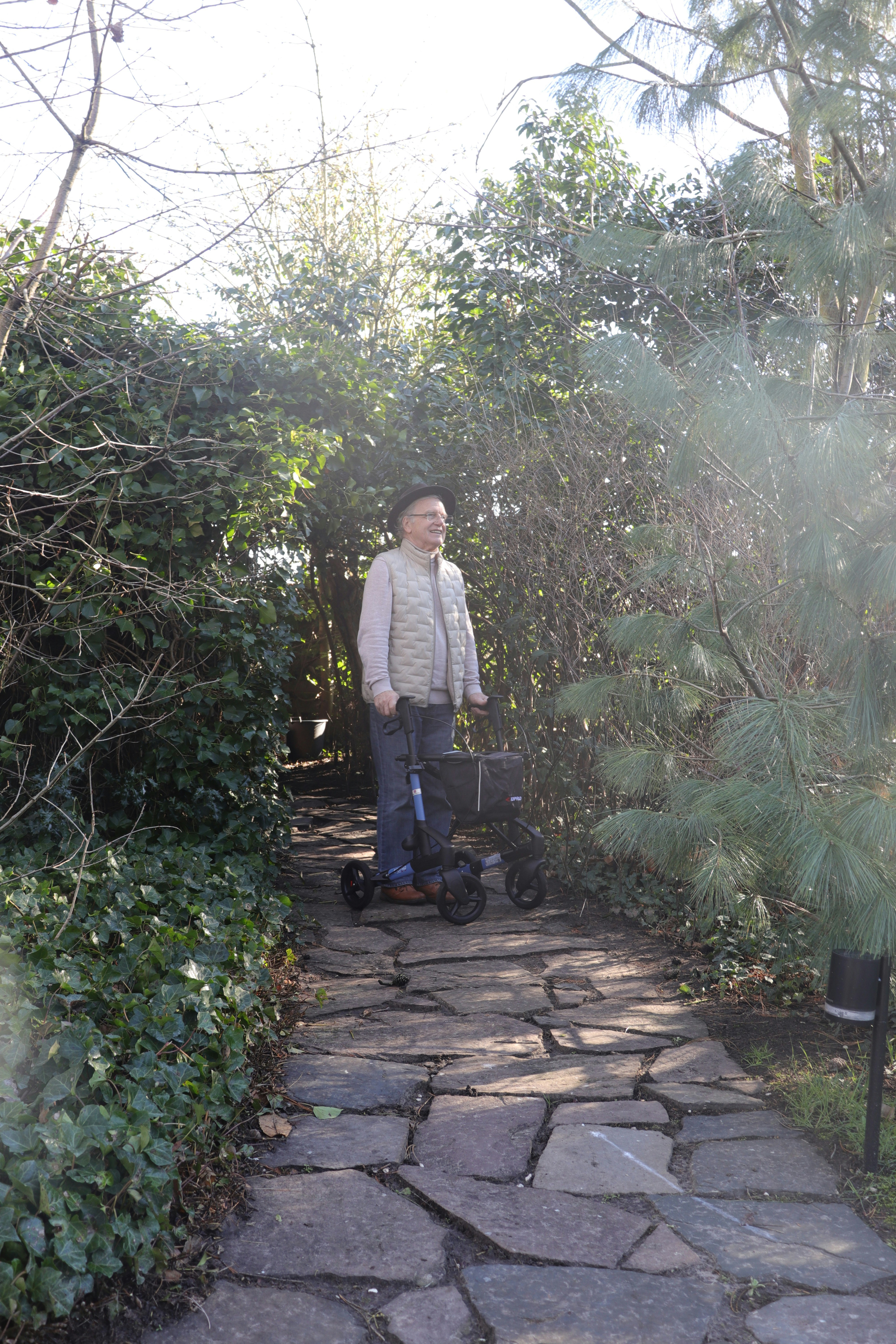 Strolling Through a Narrow Garden Corridor
