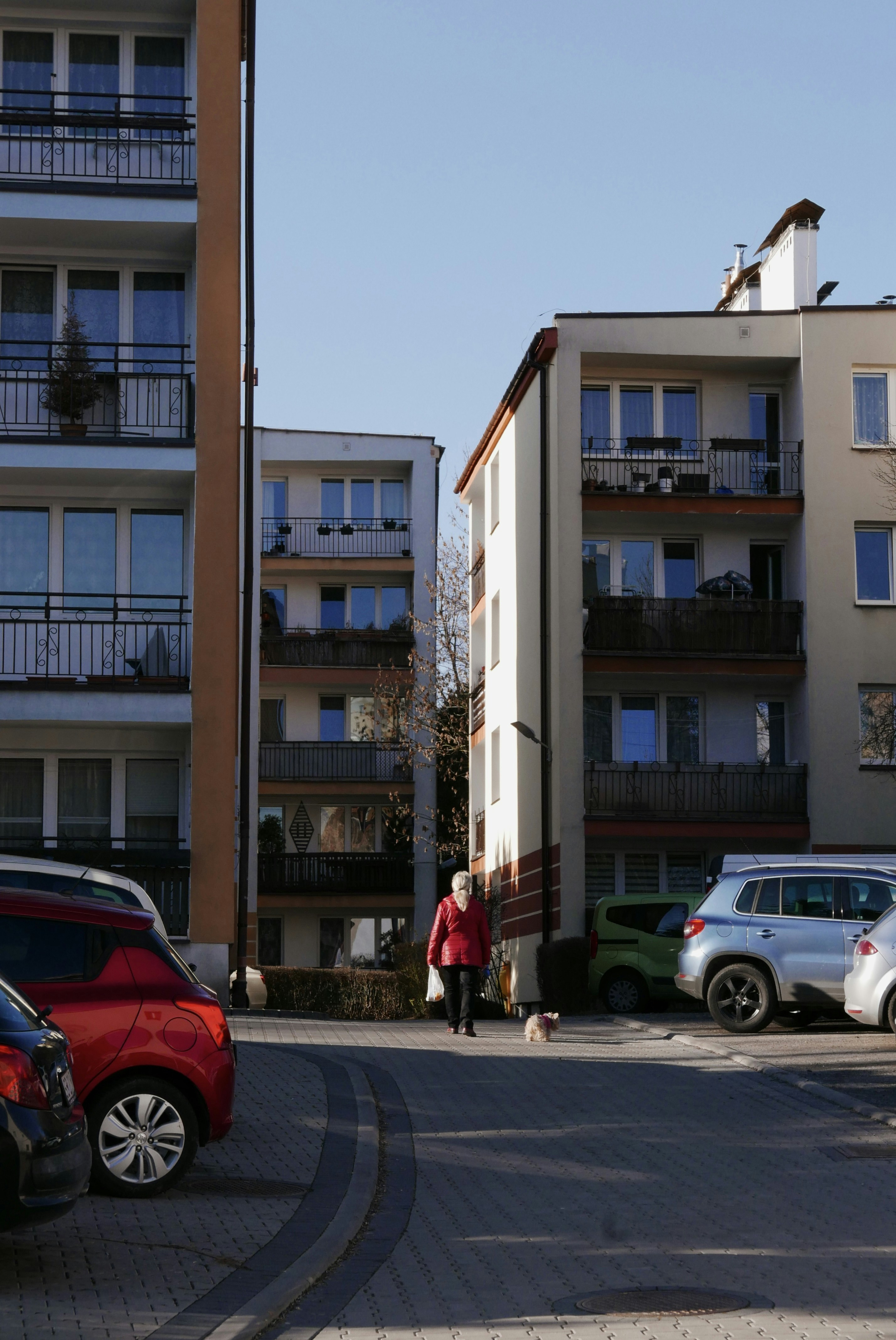 Woman in red coat and small dog on a sunlit urban street