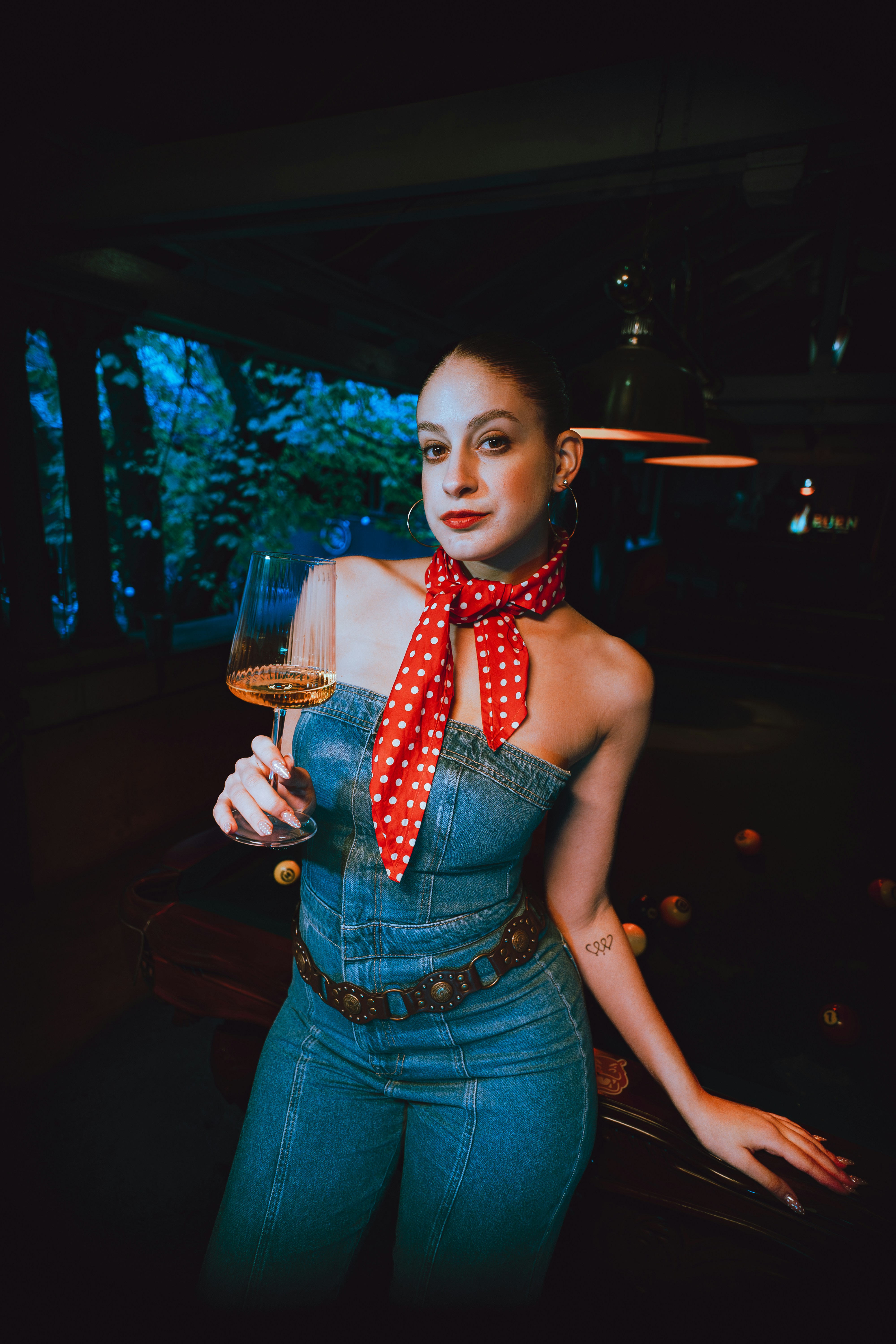 Bordeaux Evening: Velvet Jeans, Red Silk, and Soft Glass