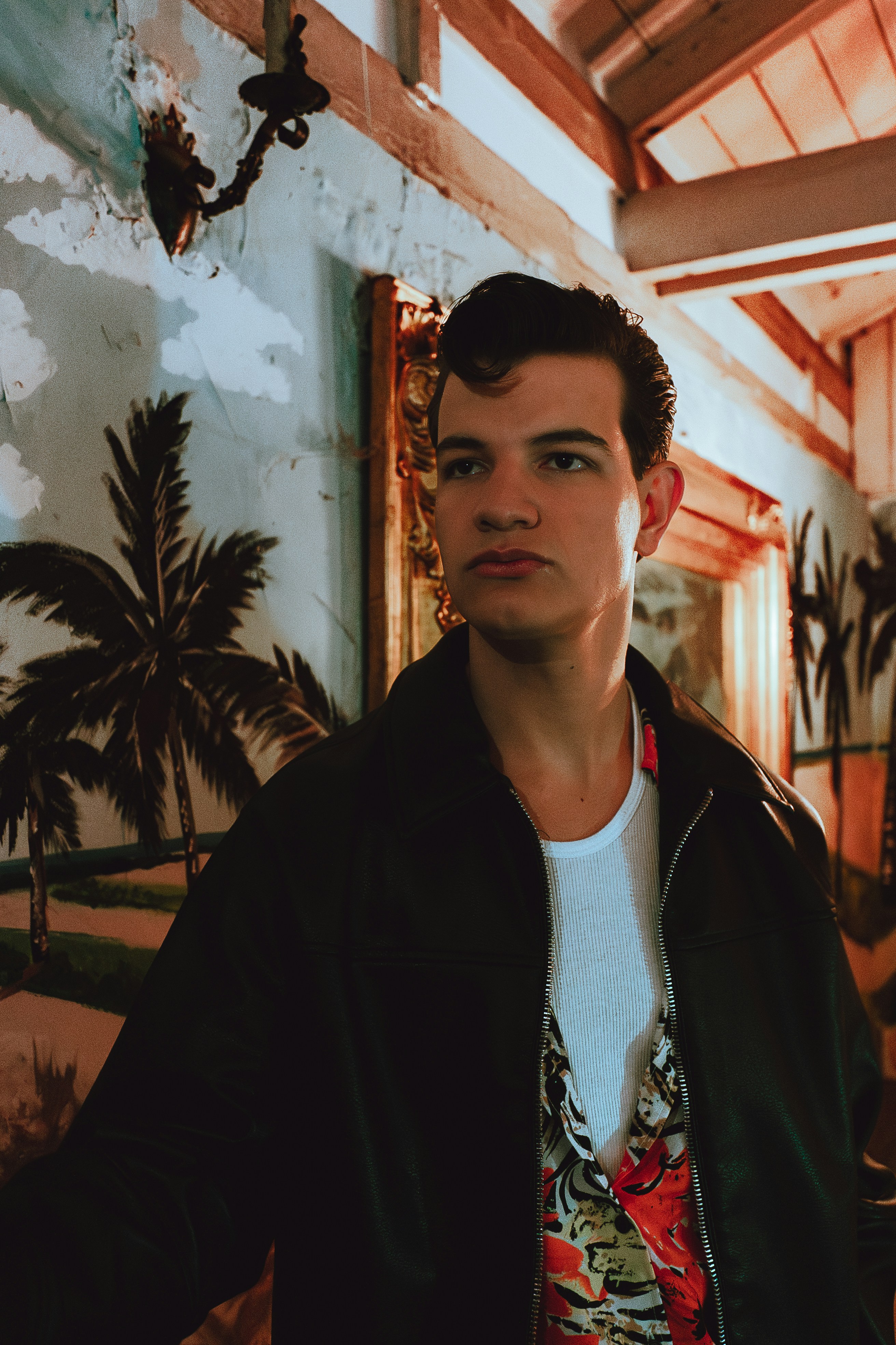 Neon-lit Portrait in a Tropic-Remixed Hallway