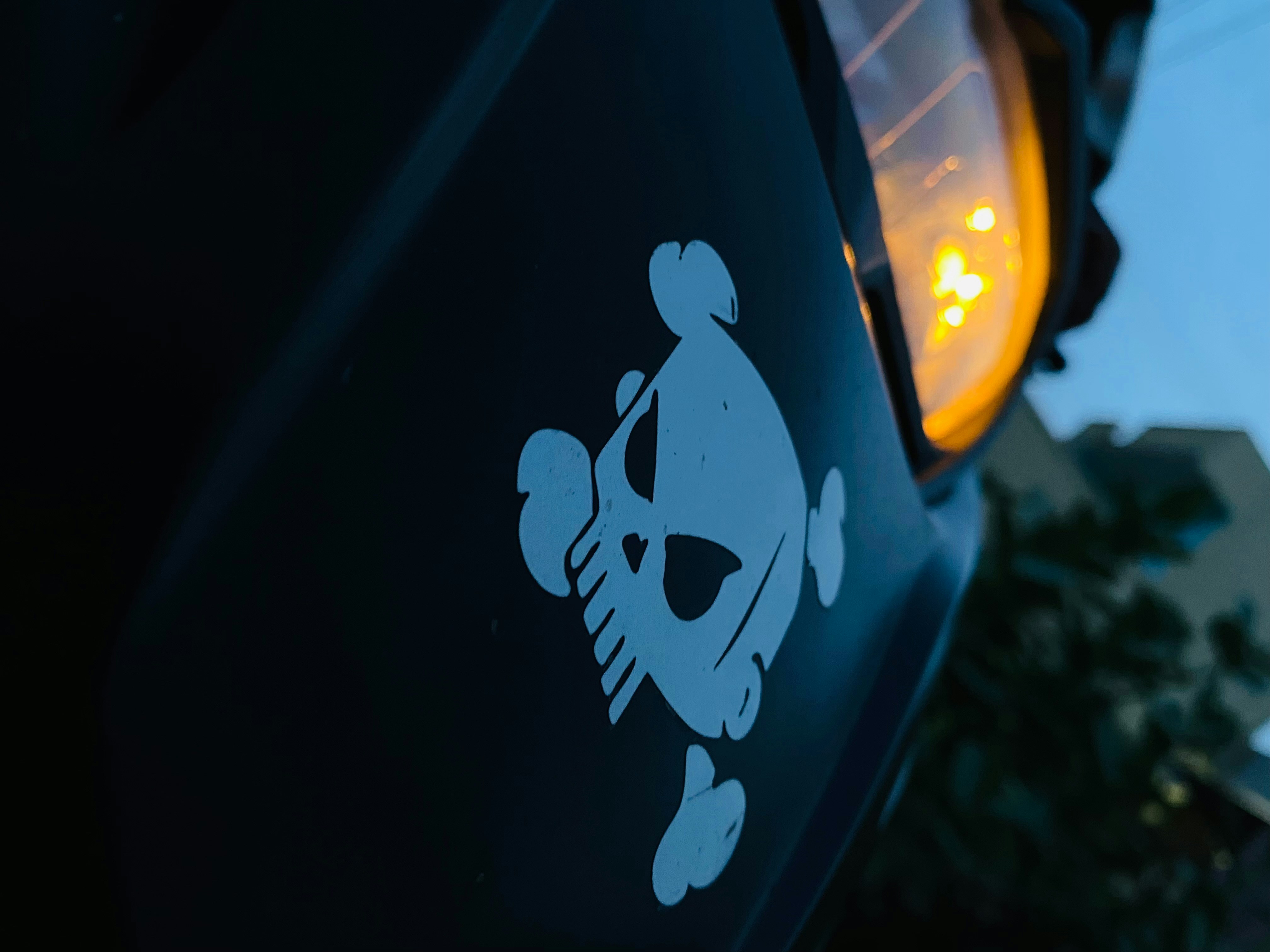Pirate Skull Emblem on a Dark Vehicle at Dusk