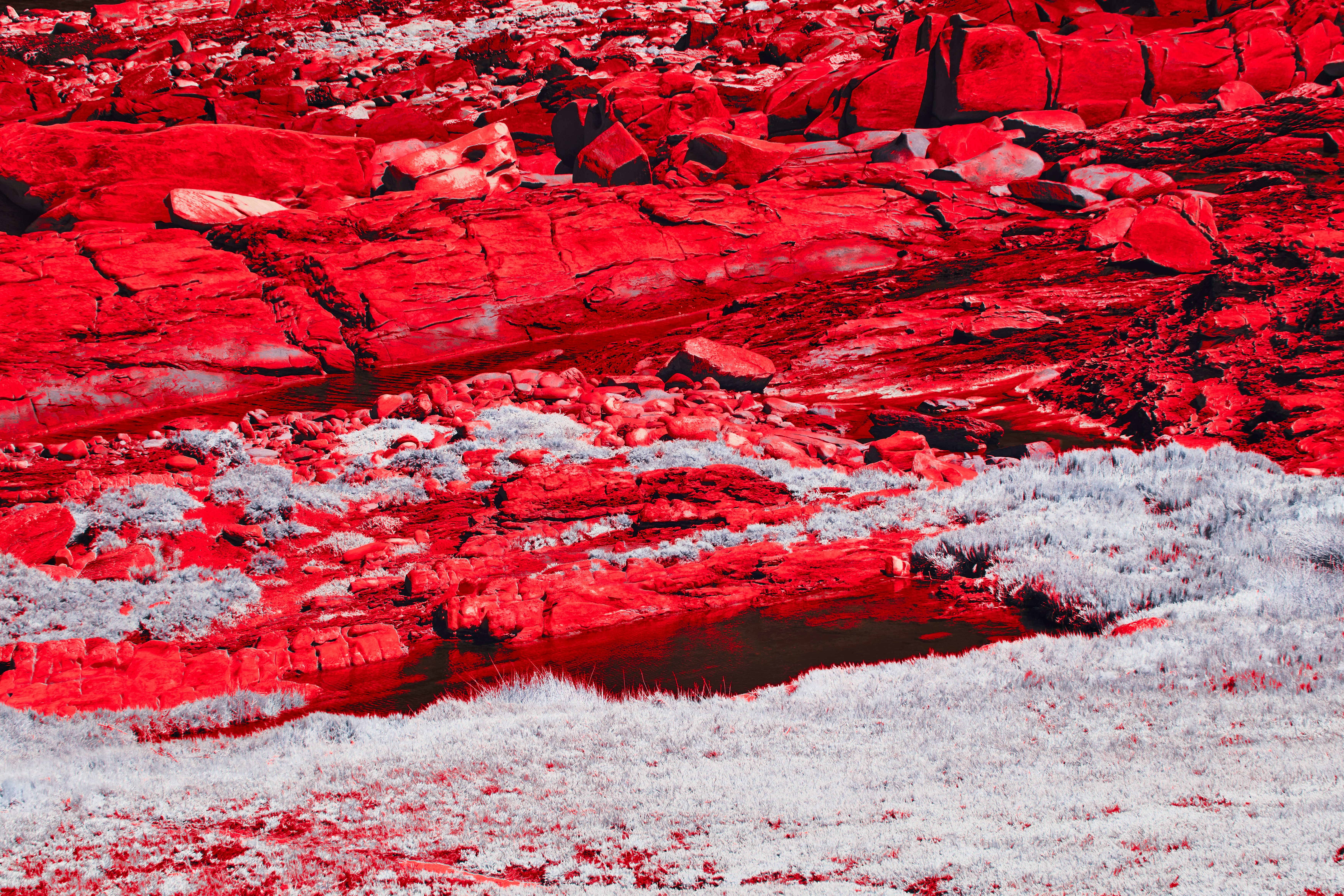 Crimson Quarry: A Seared Red Landscape Undulating with Icy White Accents