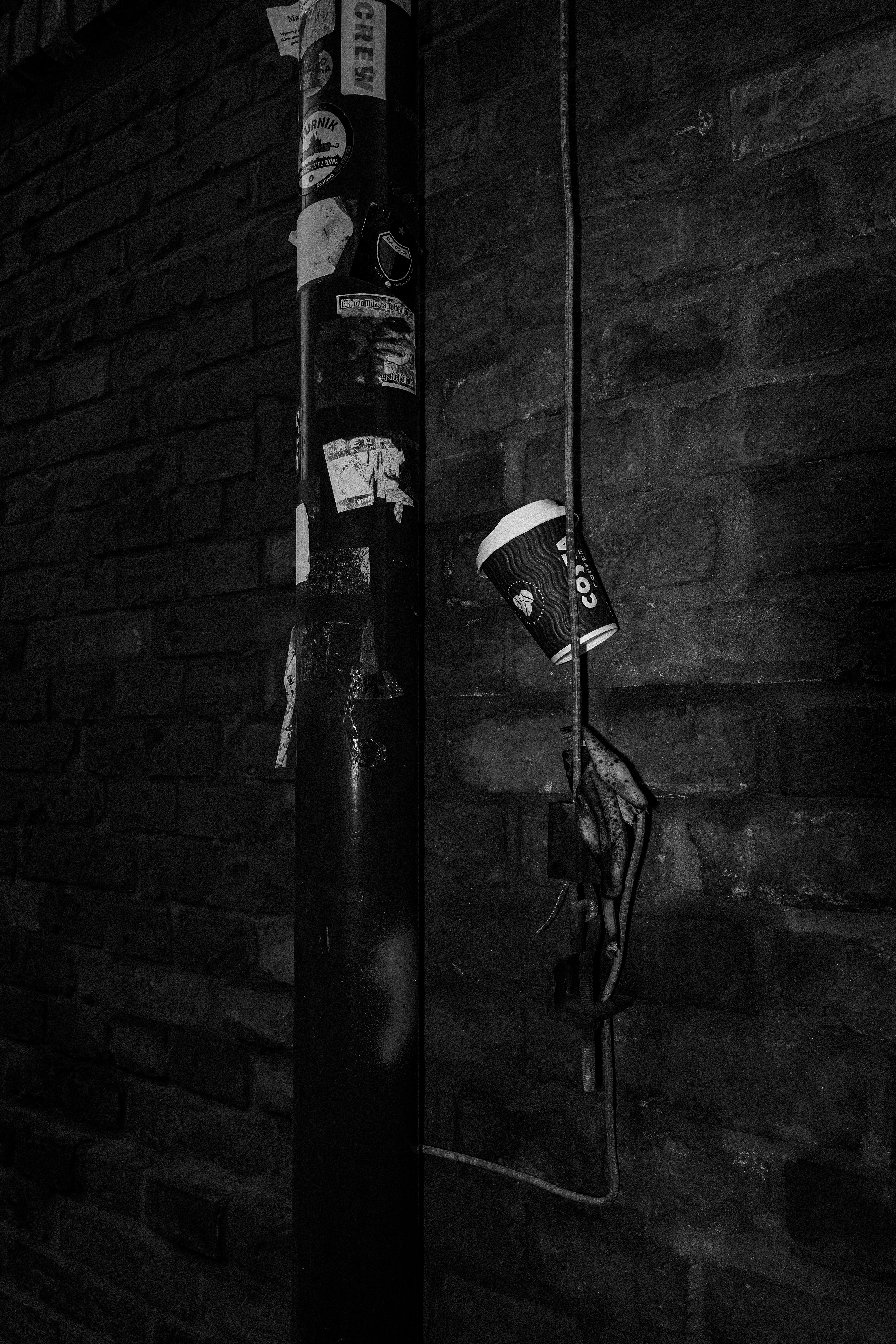 A Neon-Soaked Alley: Cup Clings to the Pipe in the Night