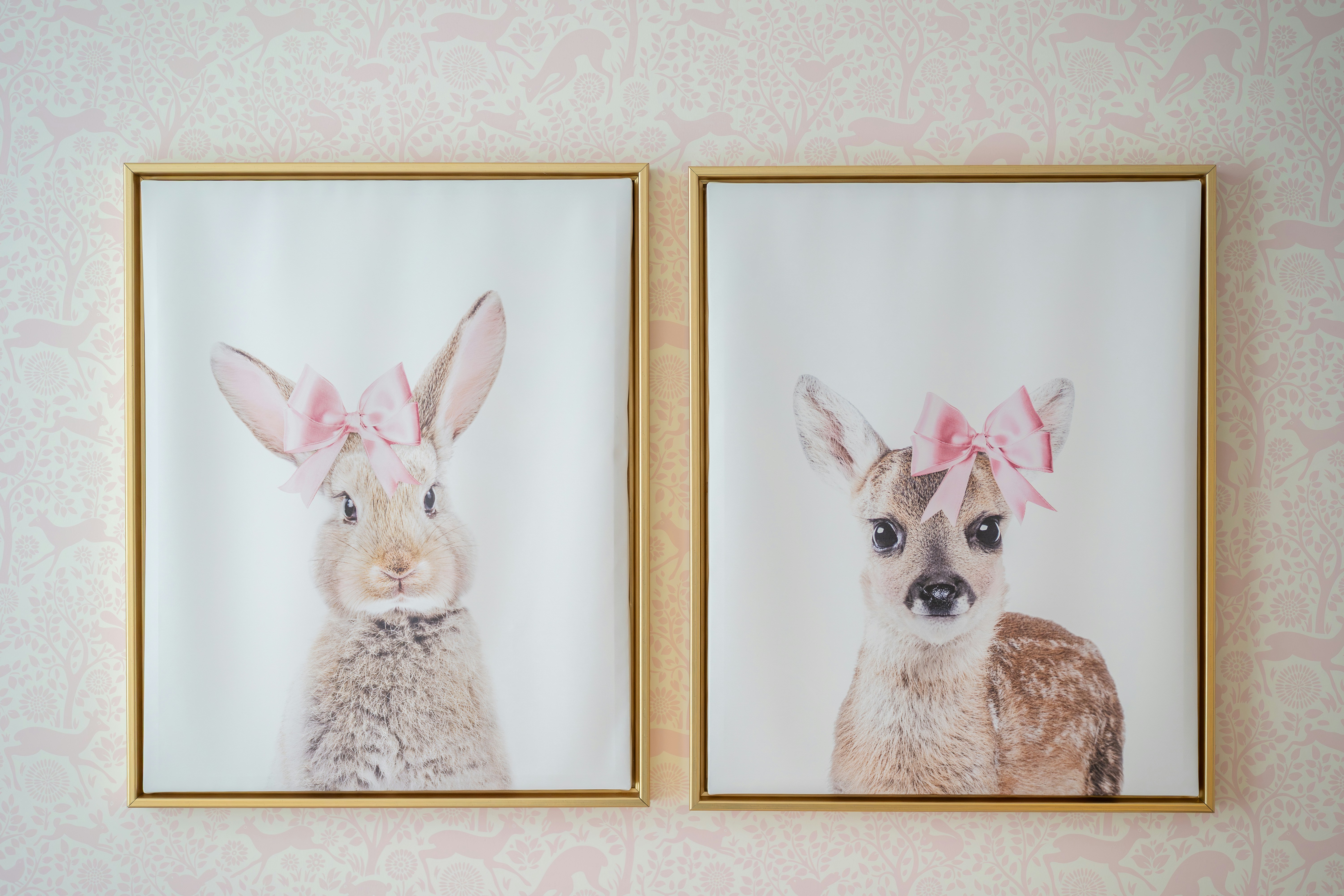 Twin Bunny Portraits with pastel upholstery