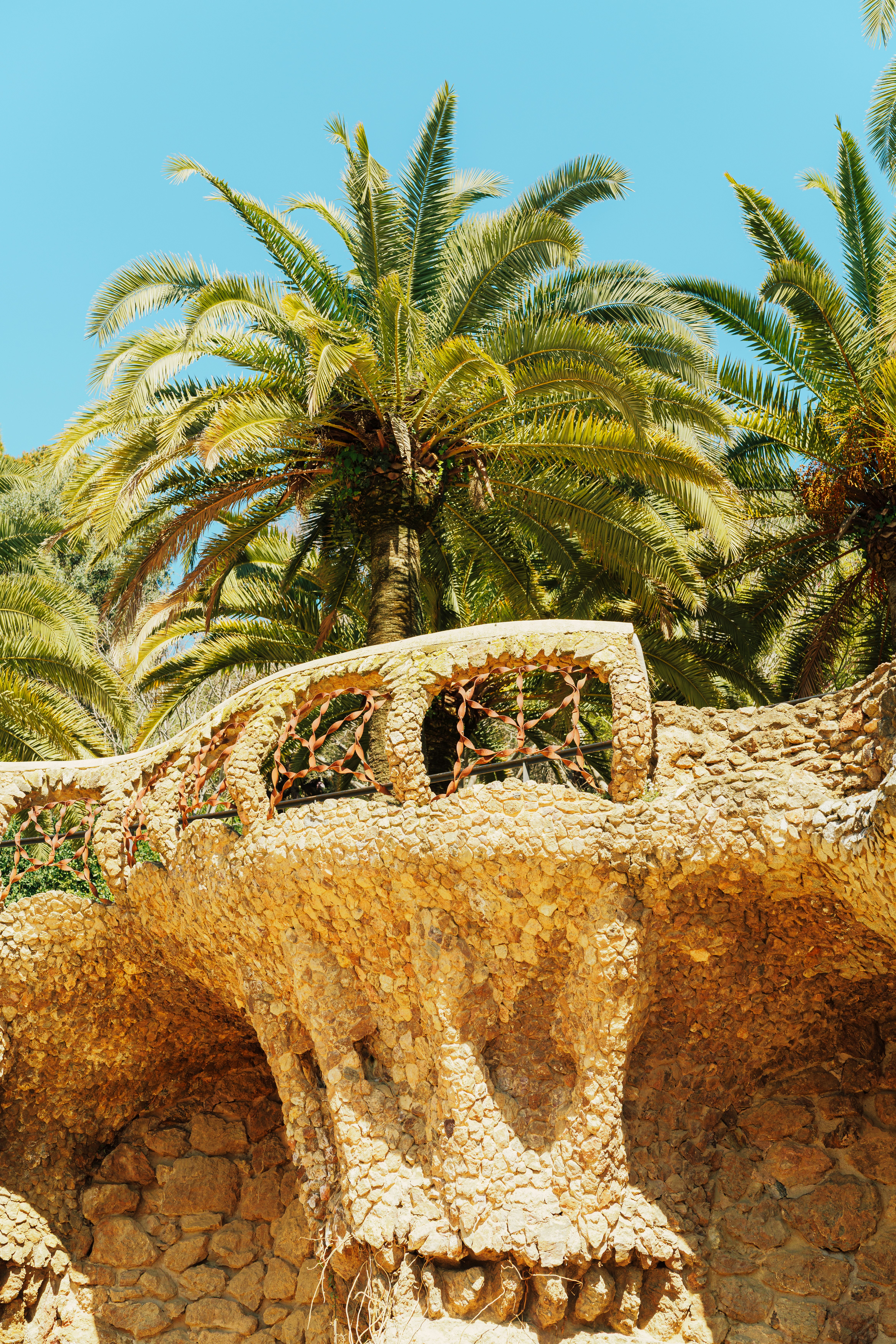 Stone Balcony Over Stonework: Palm Shaded Terrace