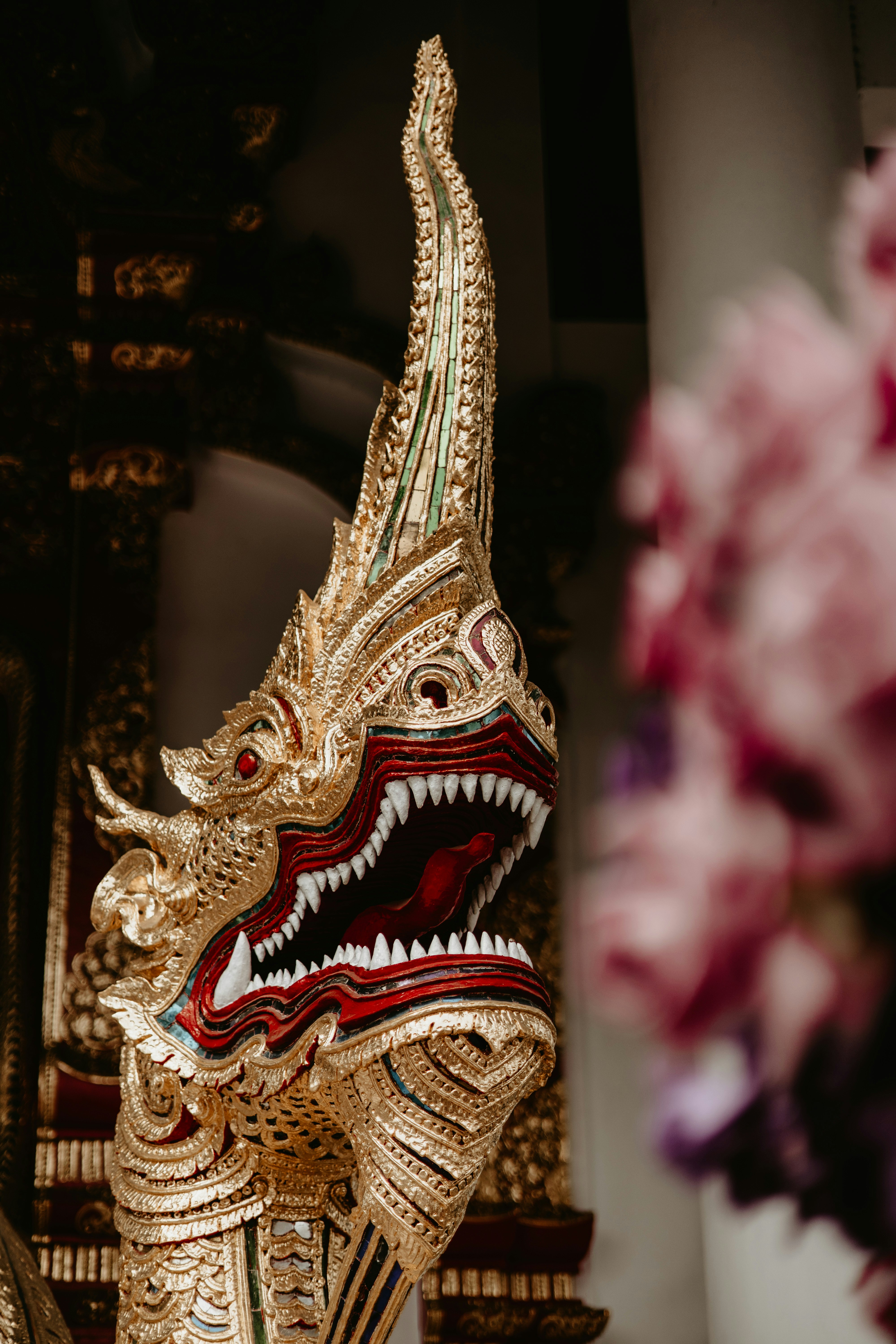 Ornate Dragon Head in Rich Golden Detailing