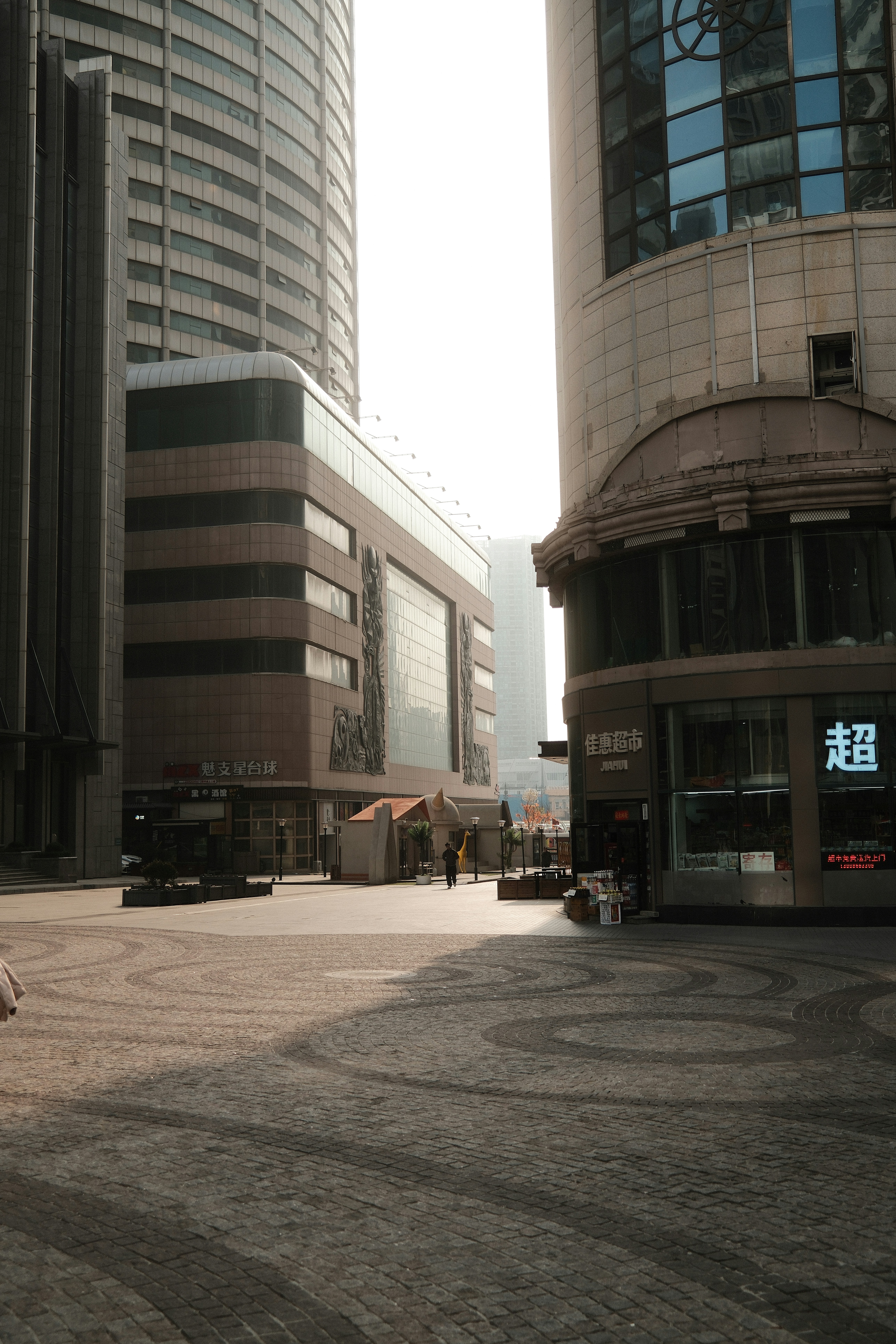 Urban Canyon: Towers Framing a Quiet Pedestrian Plaza