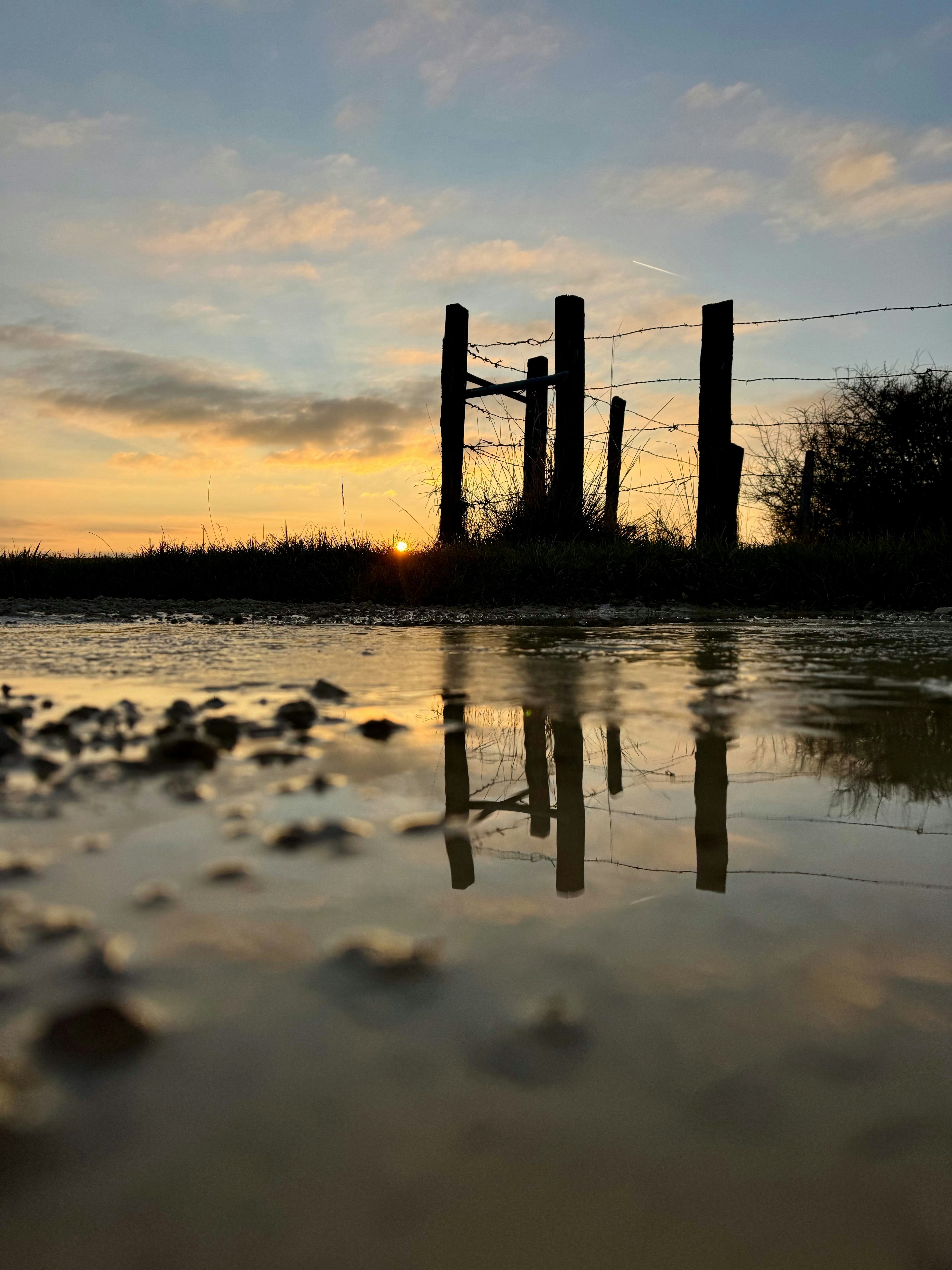 Sunset Gate: Silhouetted Fence Posts and Their Mirror