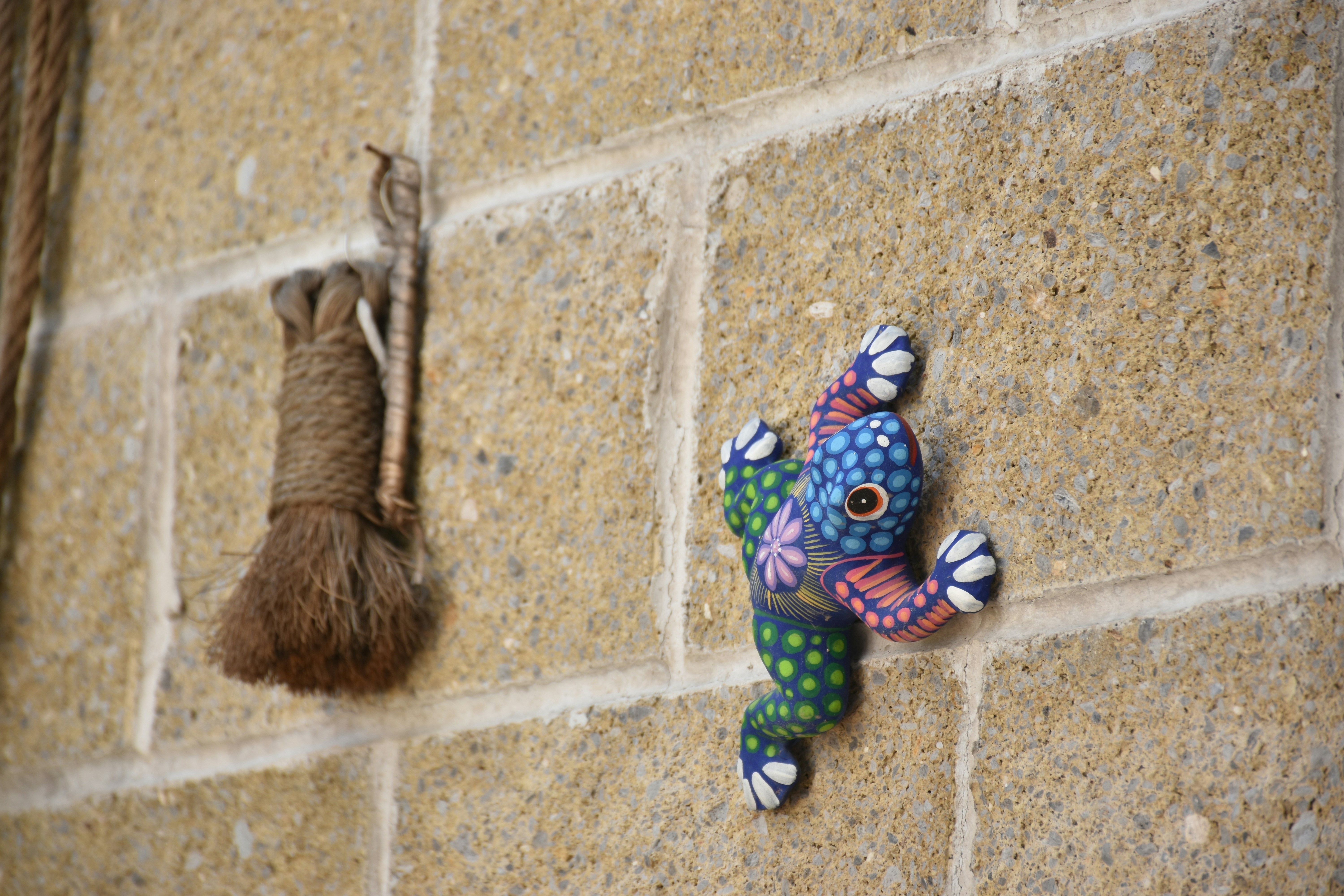 Colorful Gecko Plush Clings to a Sunlit Brick Wall