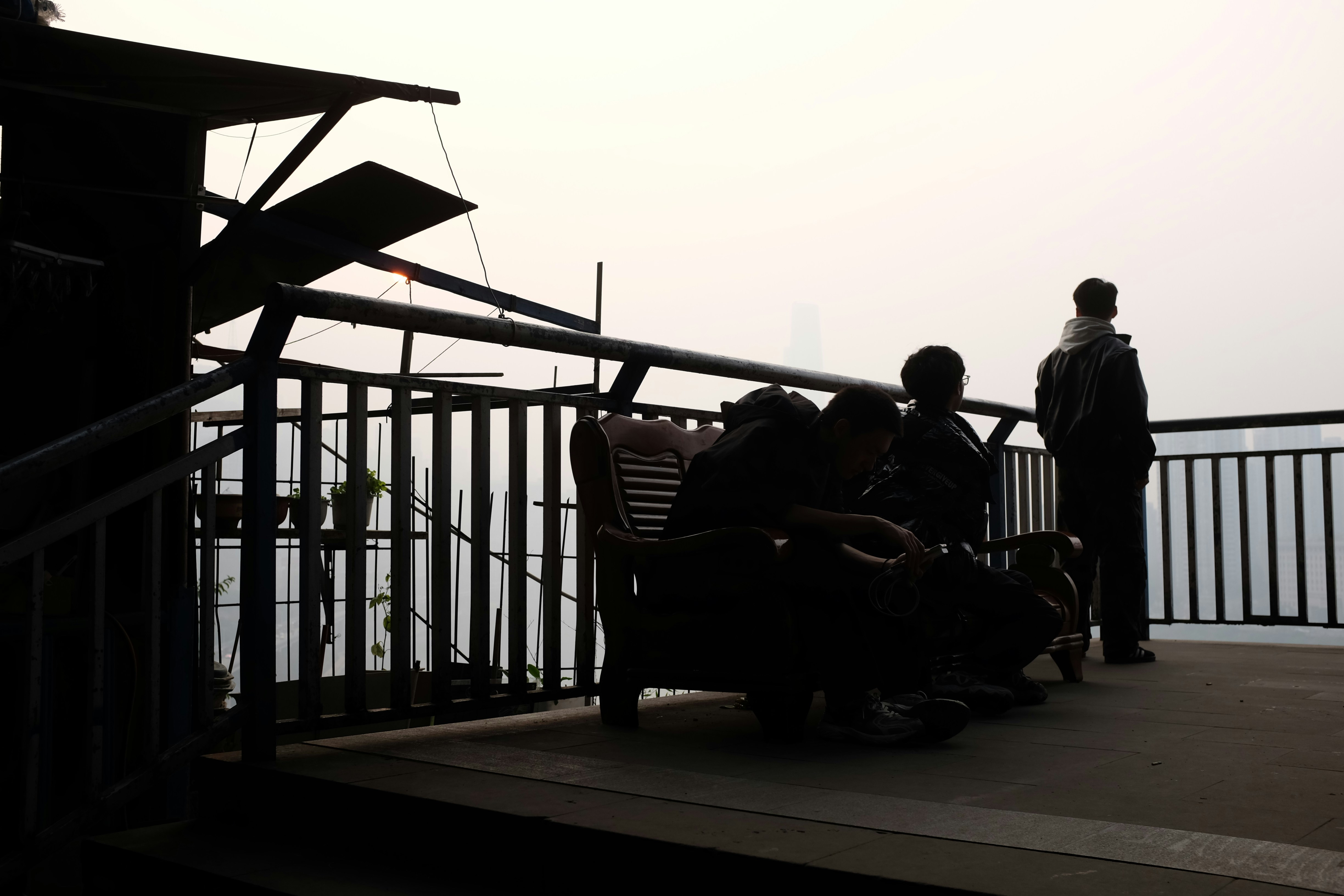 Silhouetted overlook: figures at the railing against a pale horizon