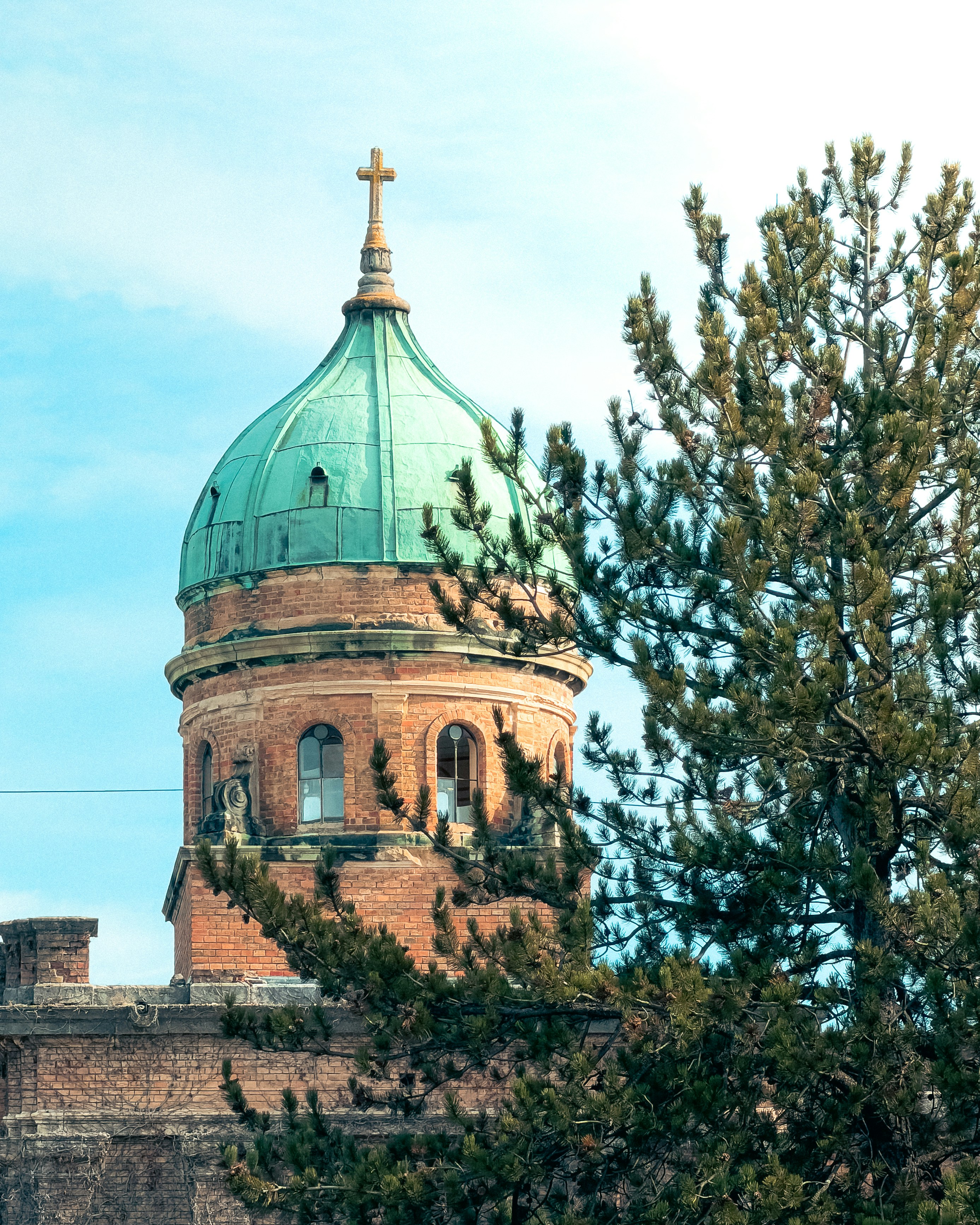 Crowned Dome and Pine silhouette Beyond the Brick Turret