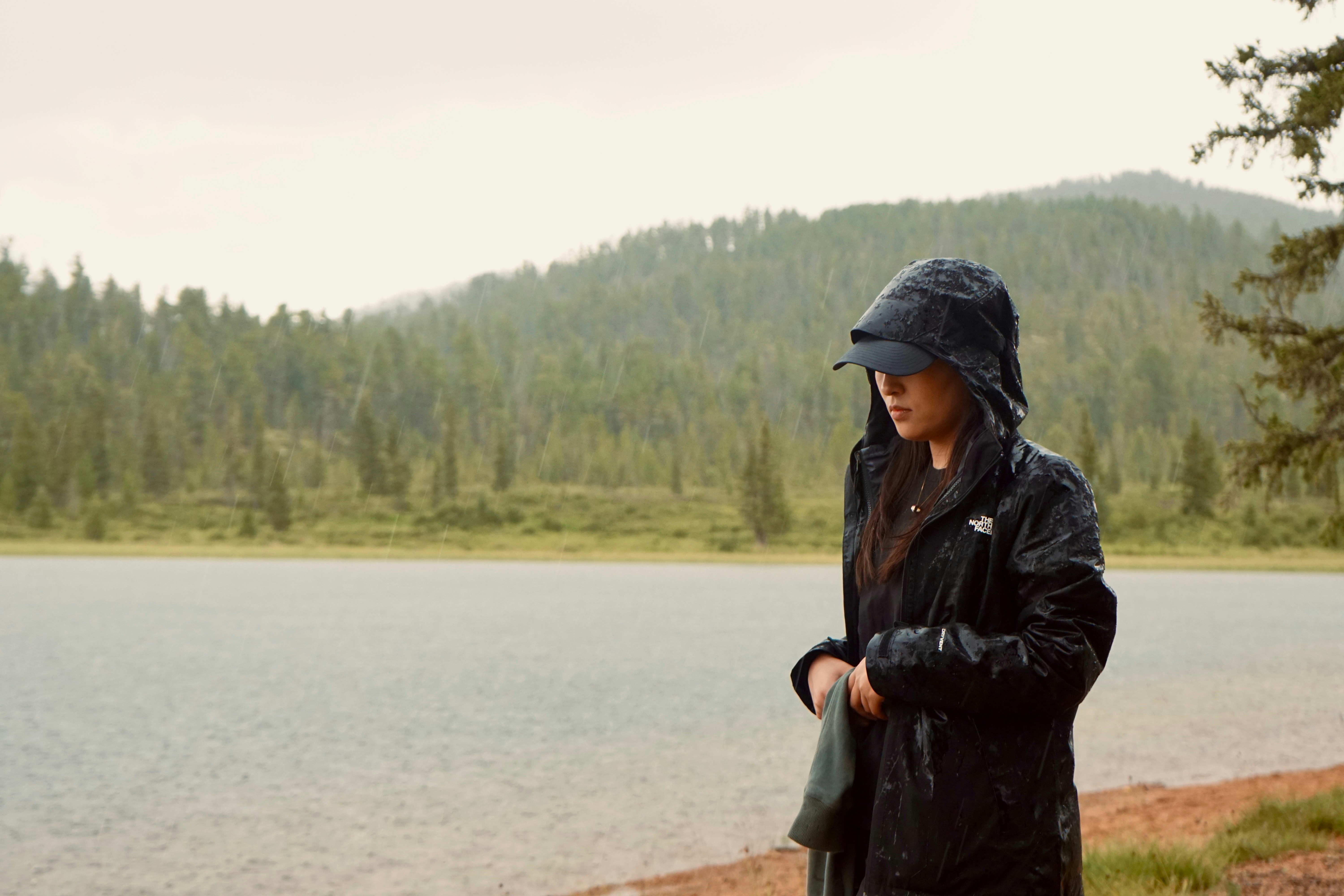 Rain-kissed silhouette by the lakeside trail