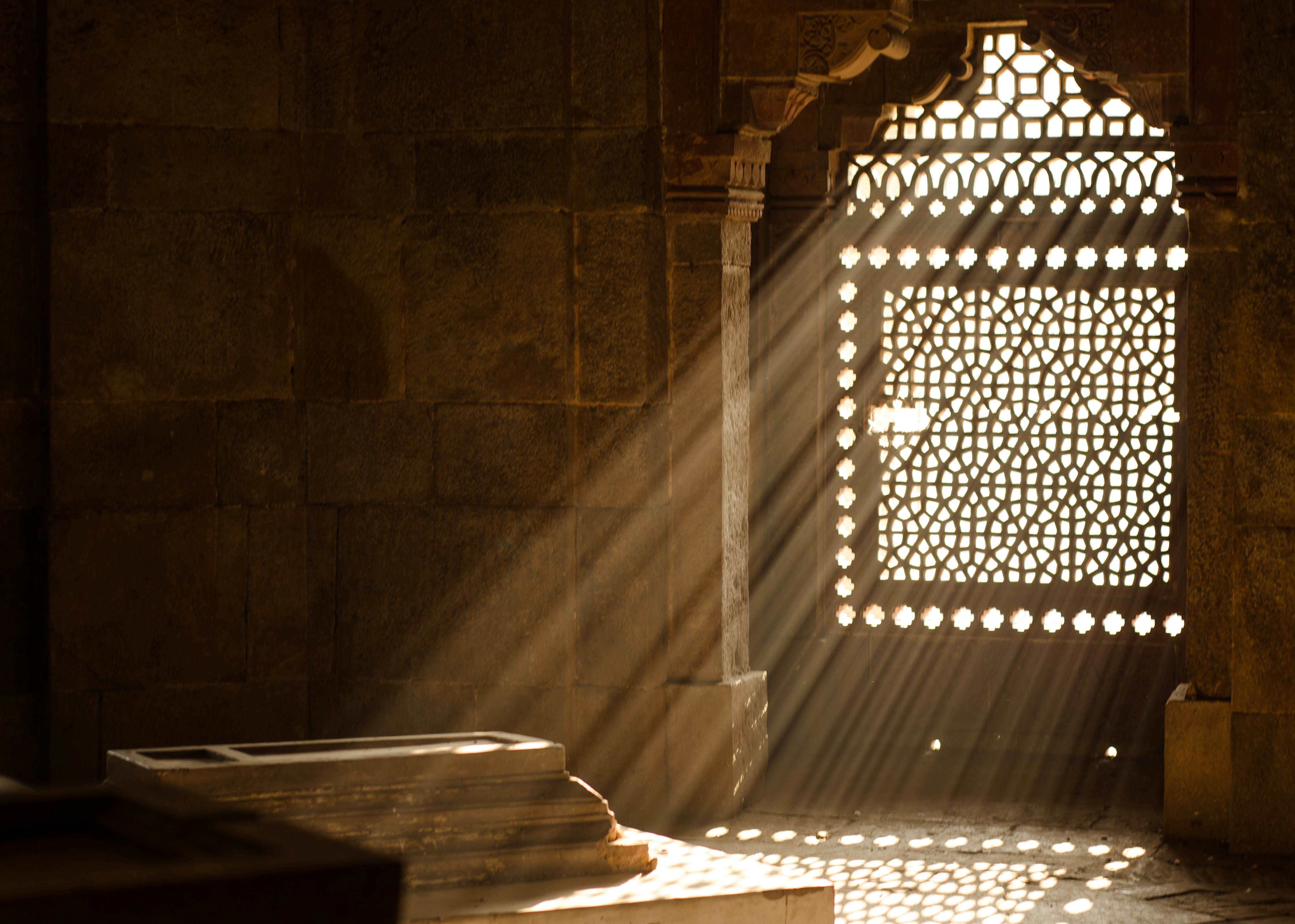 Sunbeams Through Intricate Lattice: Quiet Moment at the Doorway