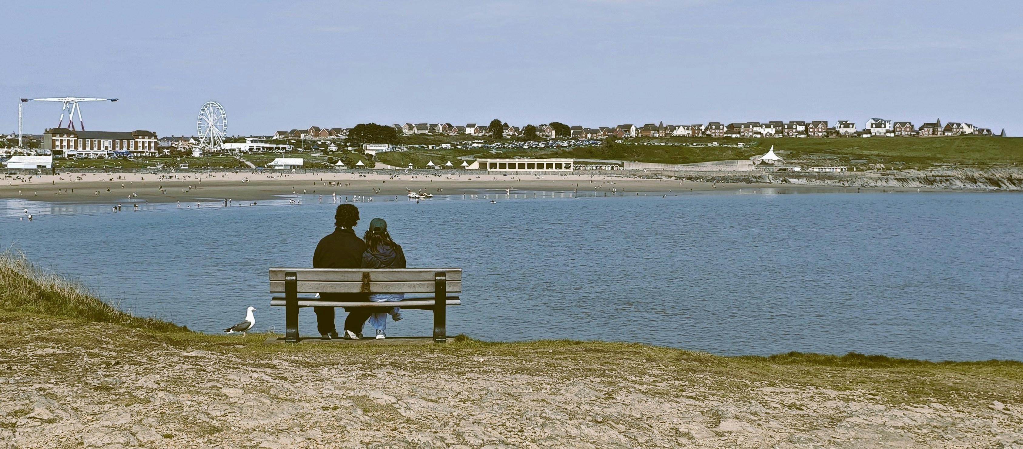 Two Figures on a Seaside Bench Watch the Horizon