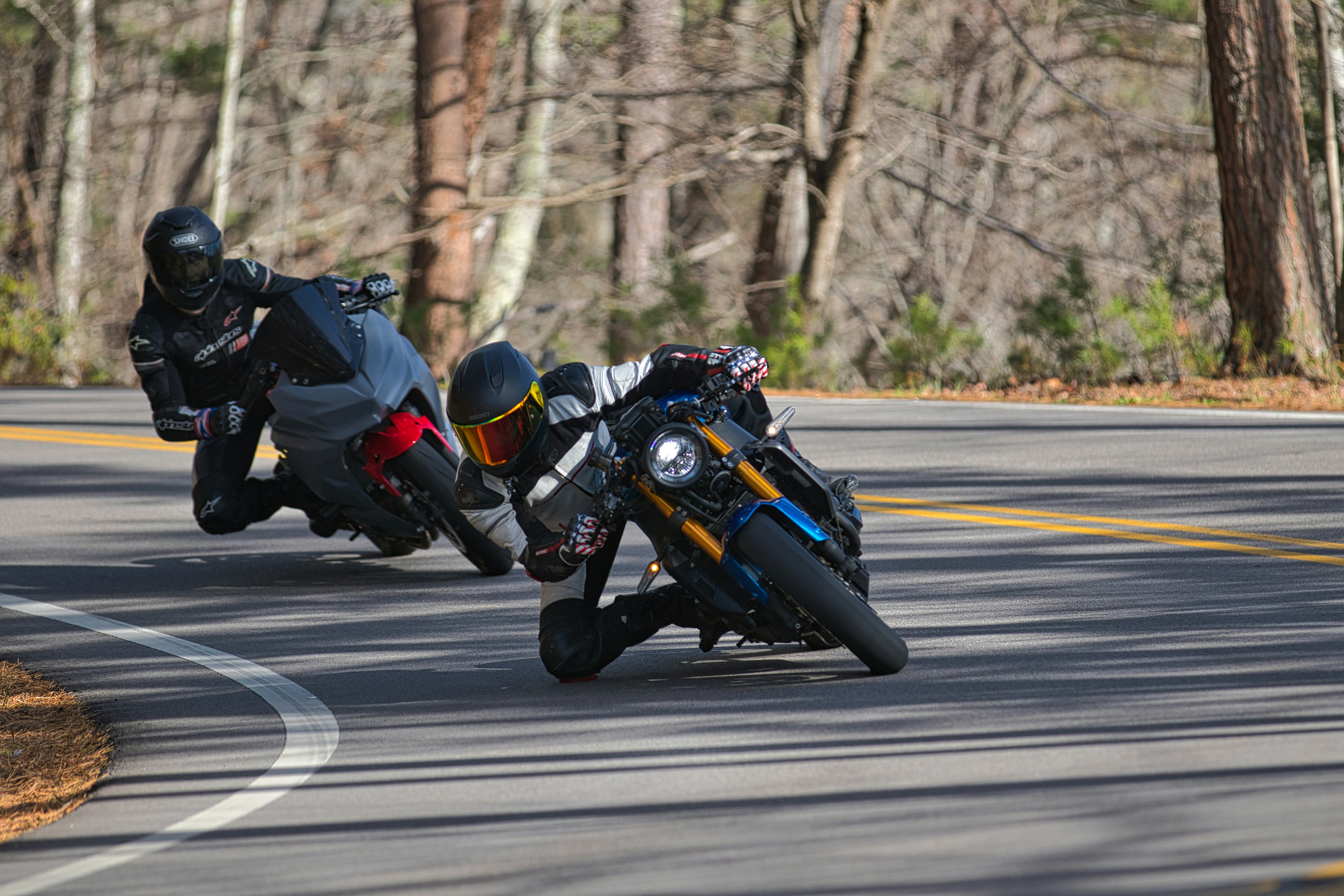 Racing on Painted Curves: Two Motorcycle Riders Lean Through a Forested Bend
