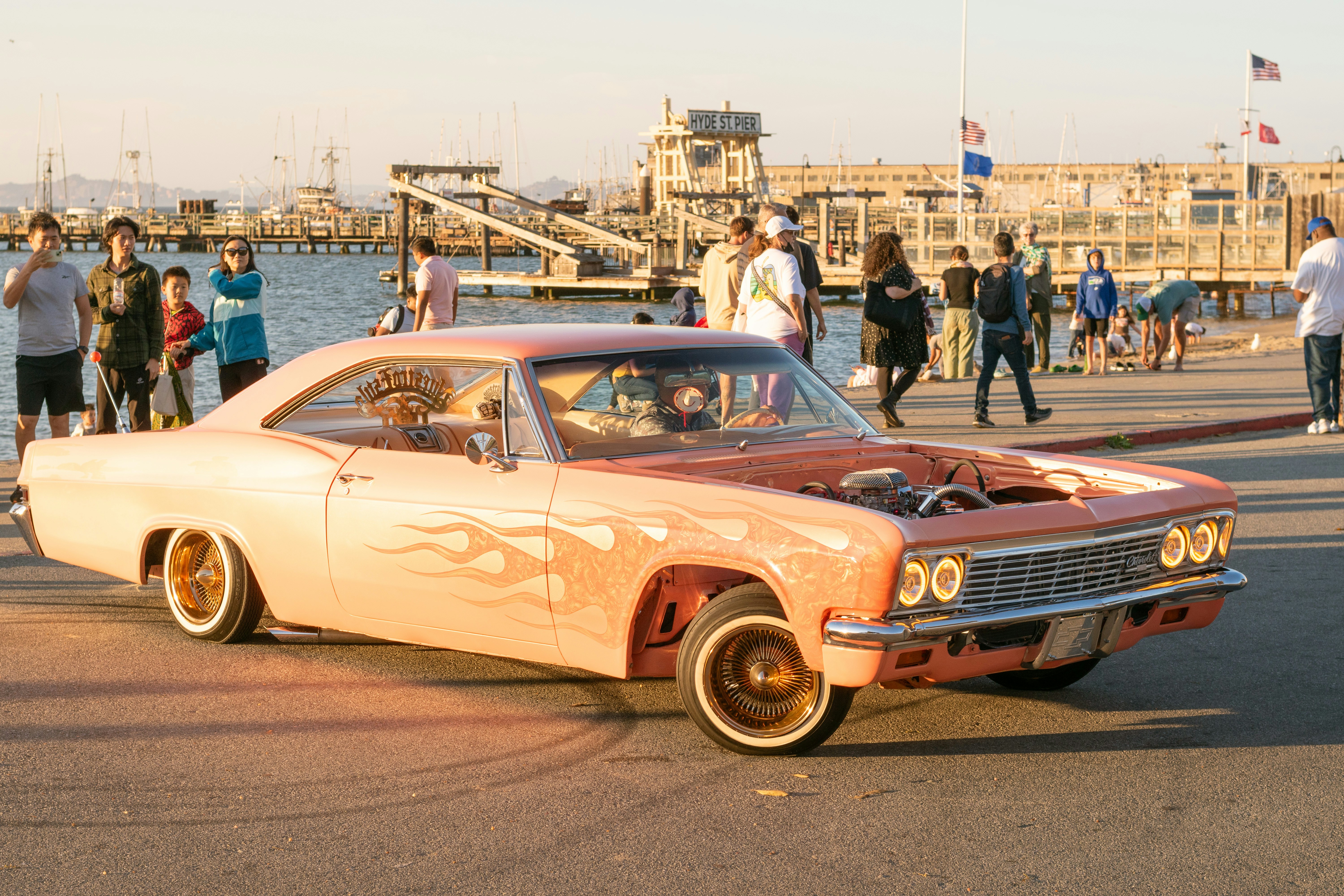 Classic pink car with flames on the side