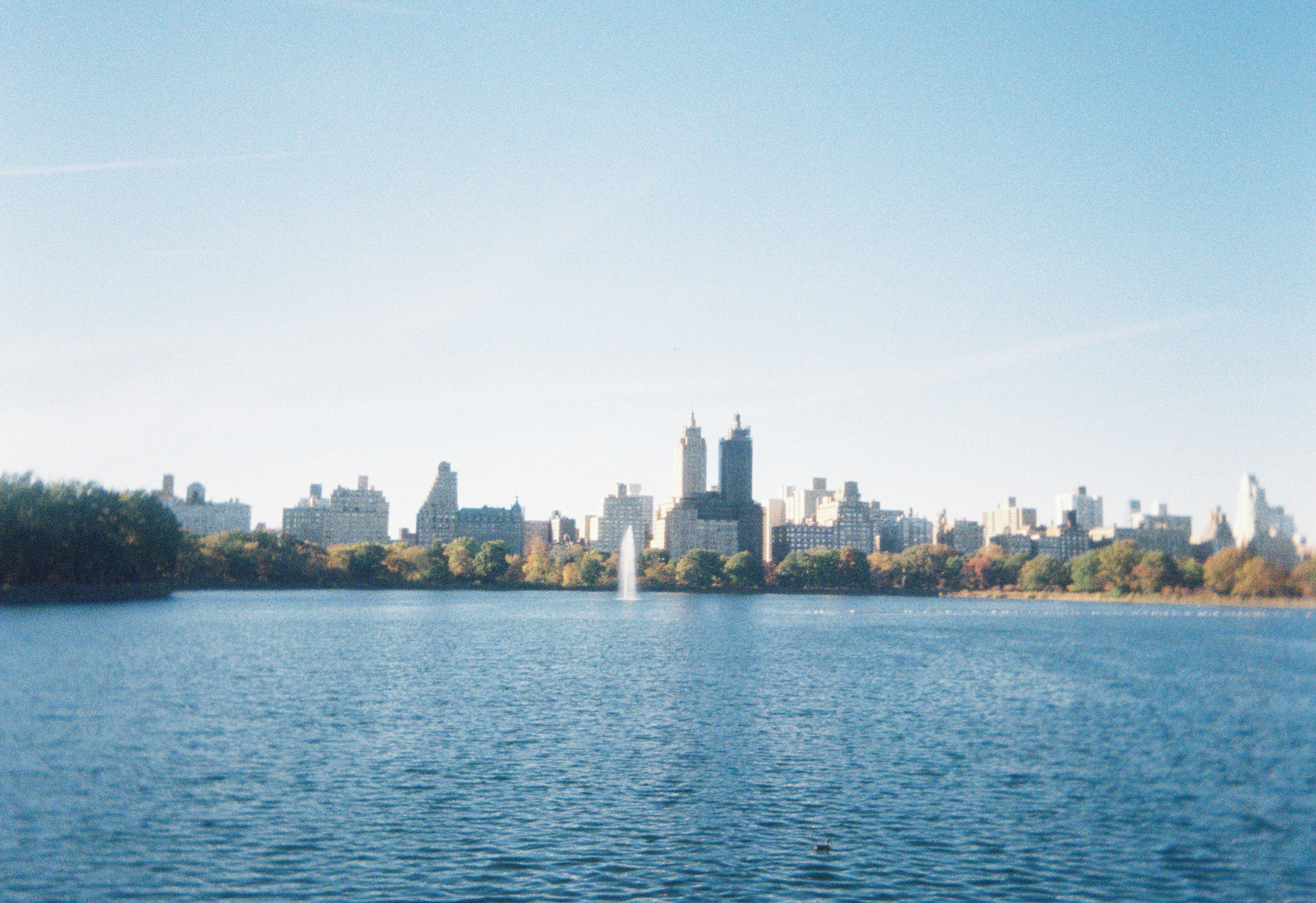 Midday Panorama: City Skyline Across a Calm Lake
