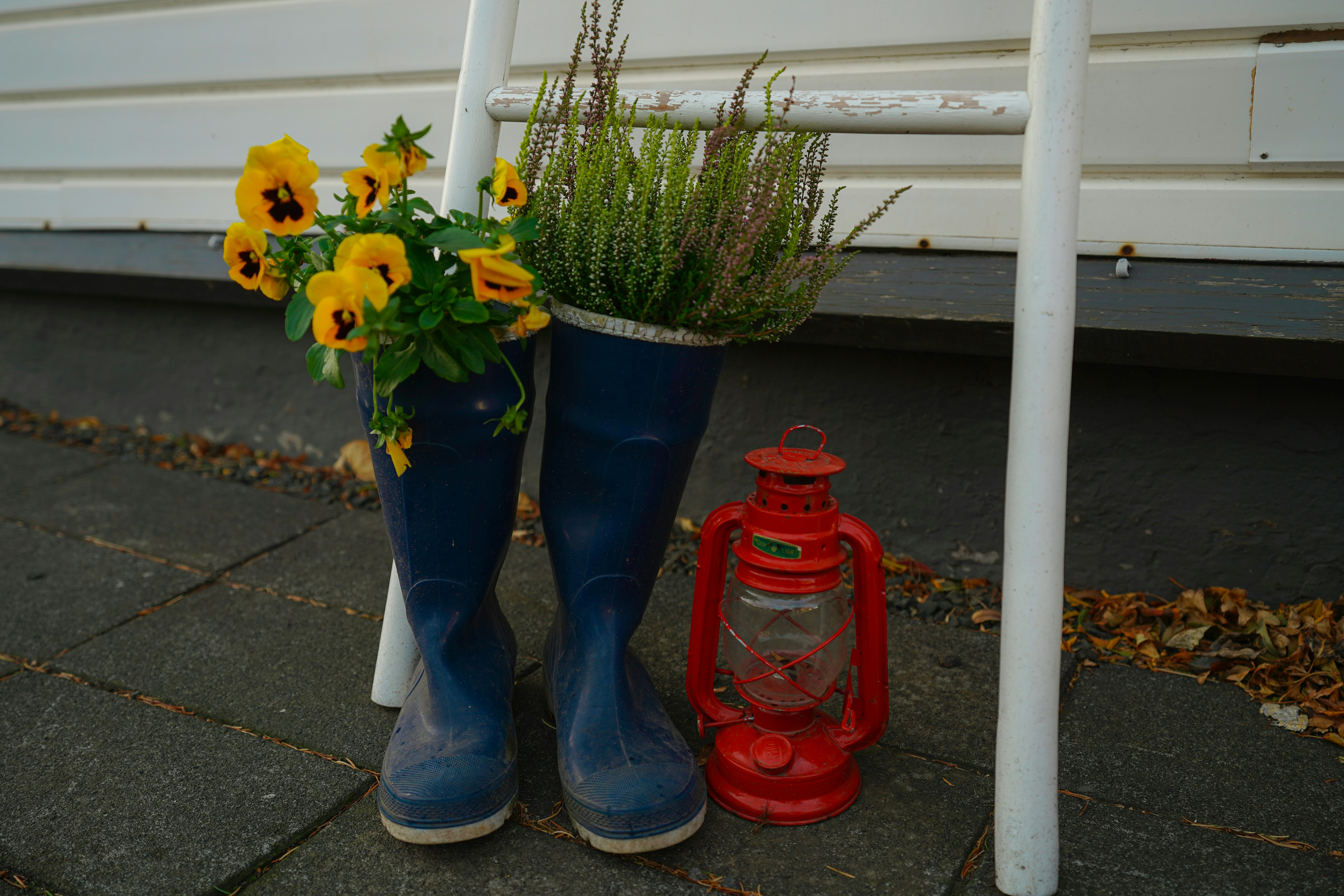 Boots as Garden Vases: A Quiet Corner of Flowers and Lantern