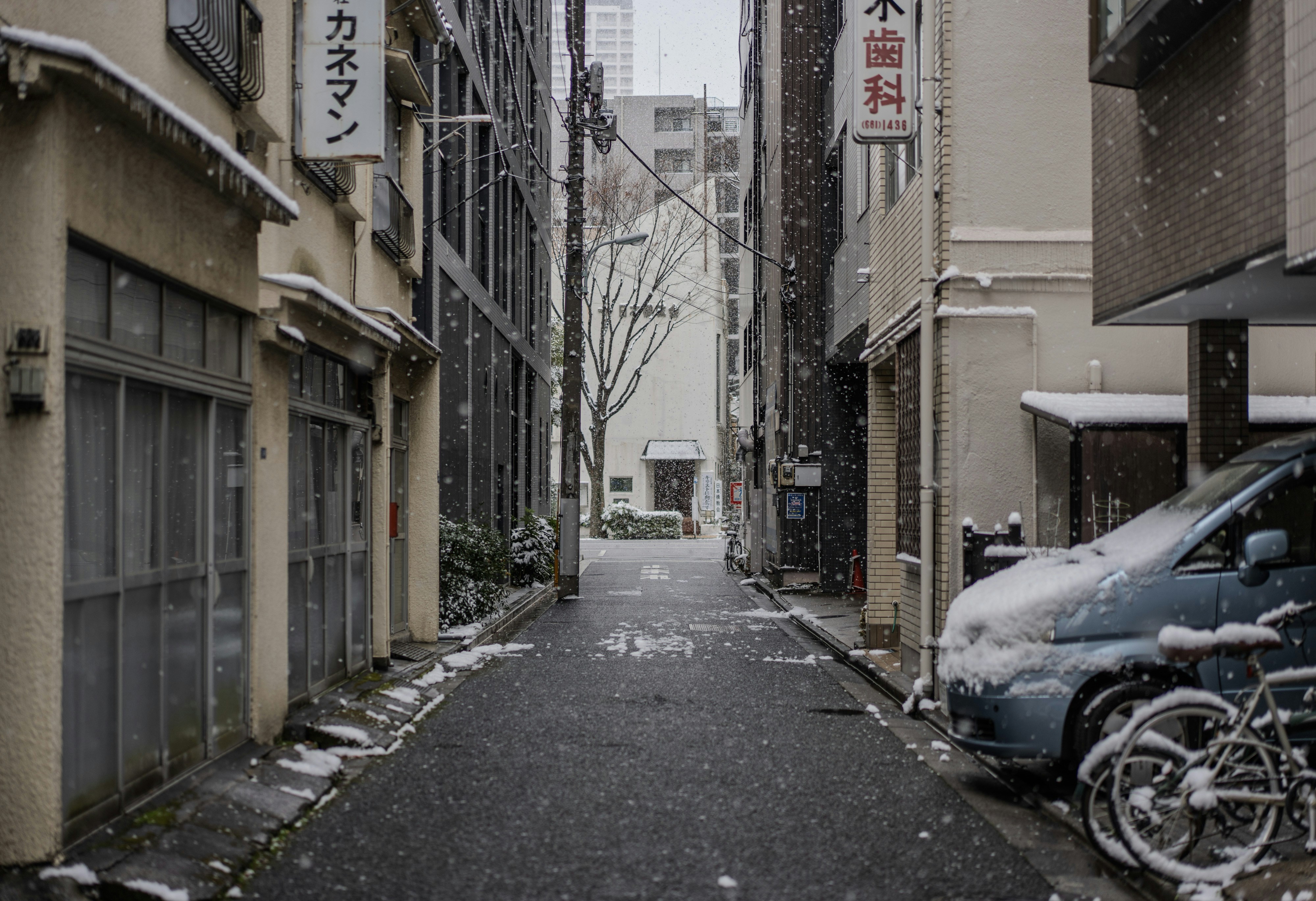 Snowy Alleyway Between City Facades