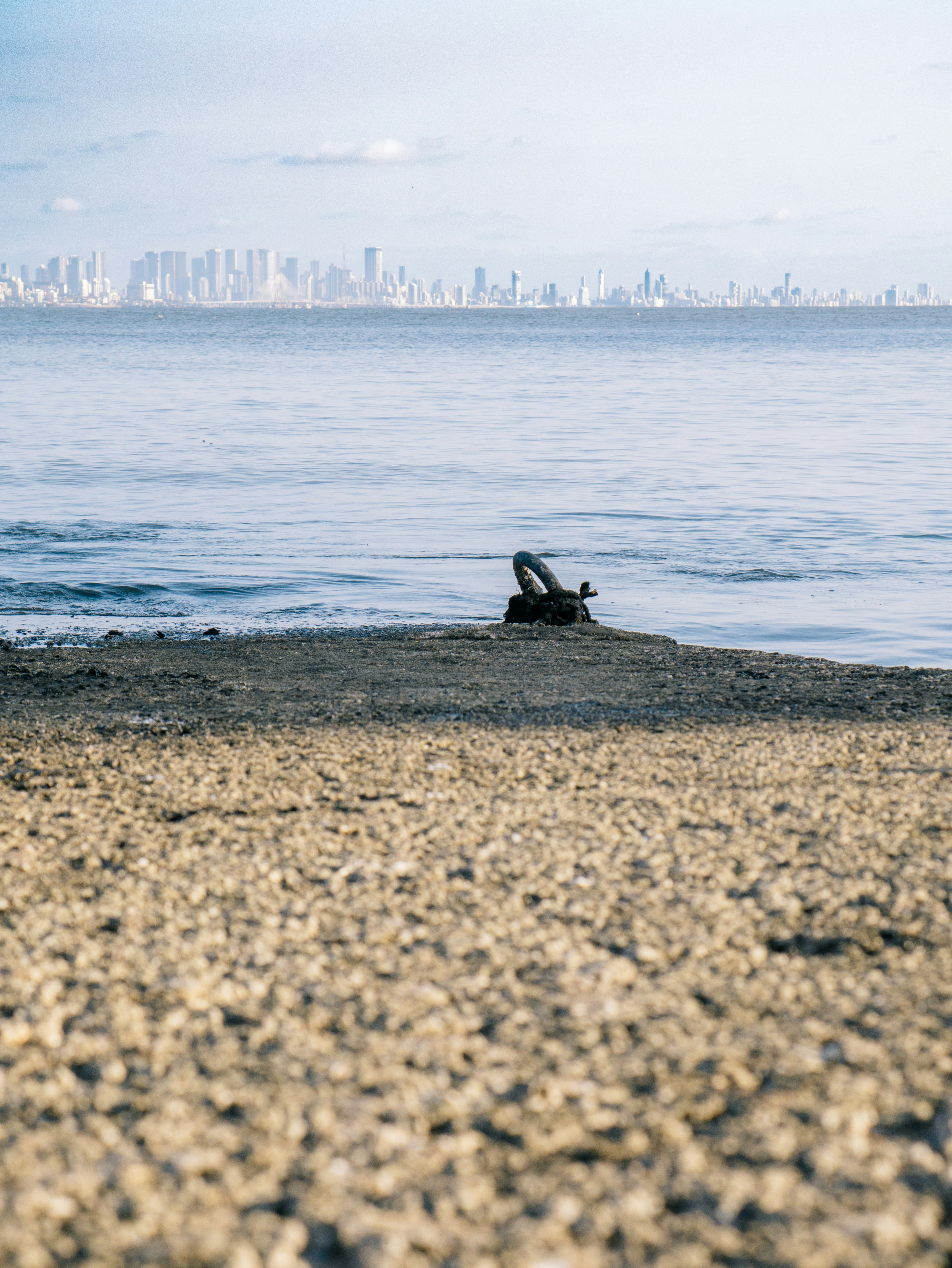 Solitary Breakwater: A Pebble Beach with Distant Skyline