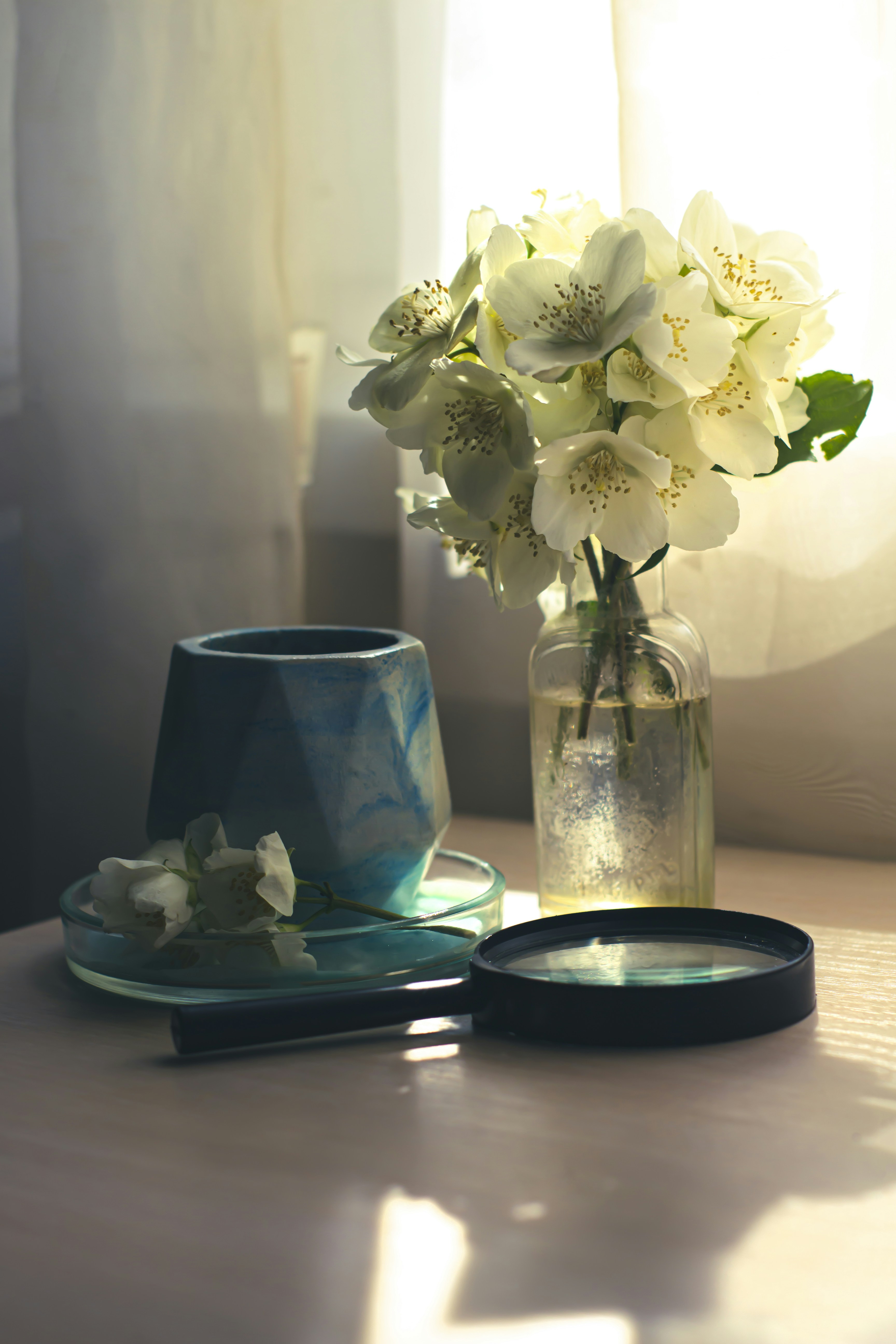Soft Morning Bouquet in Glass Vase with Magnifier Glass and Teal Cup