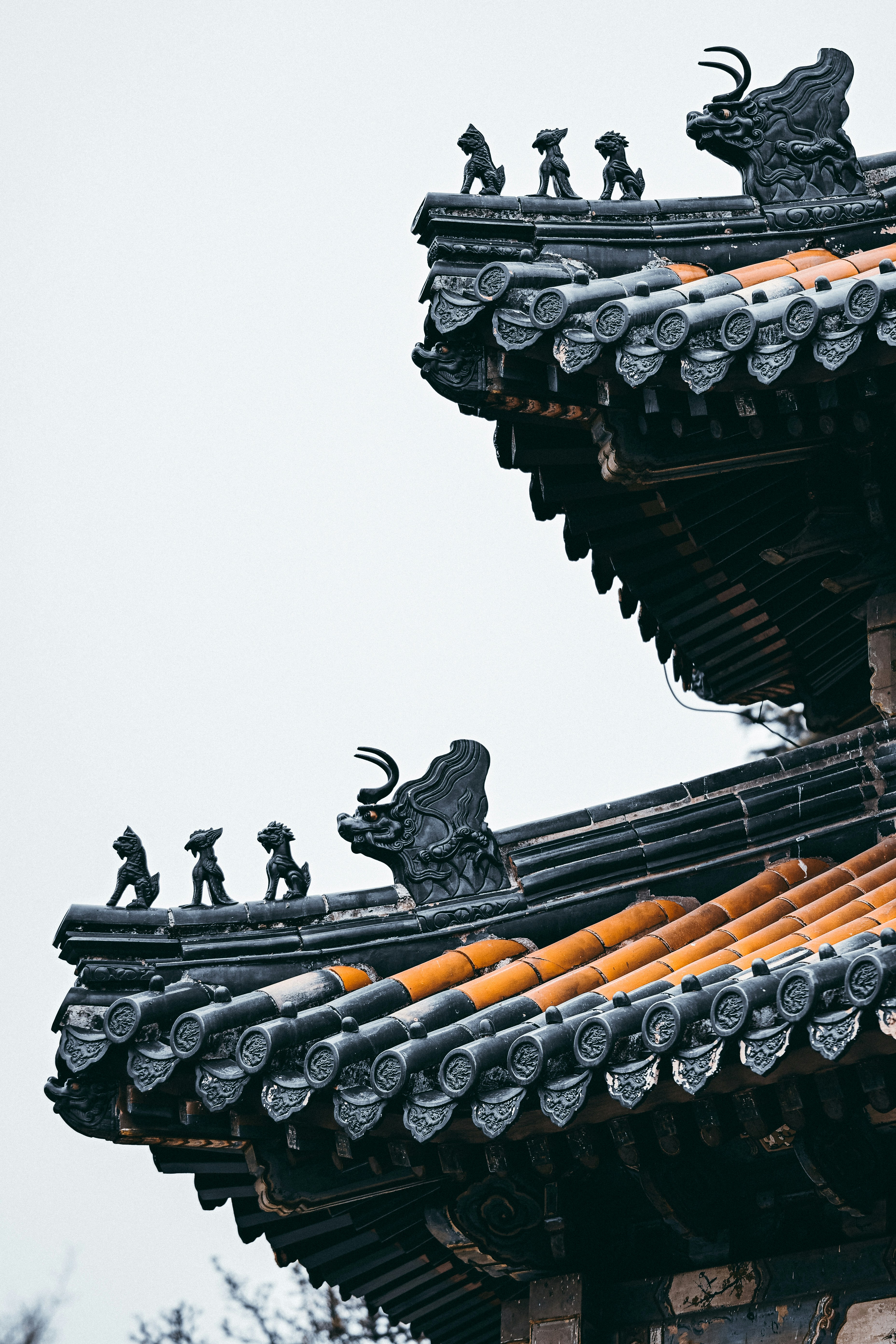 Traditional chinese temple roof with ornate dragon figures