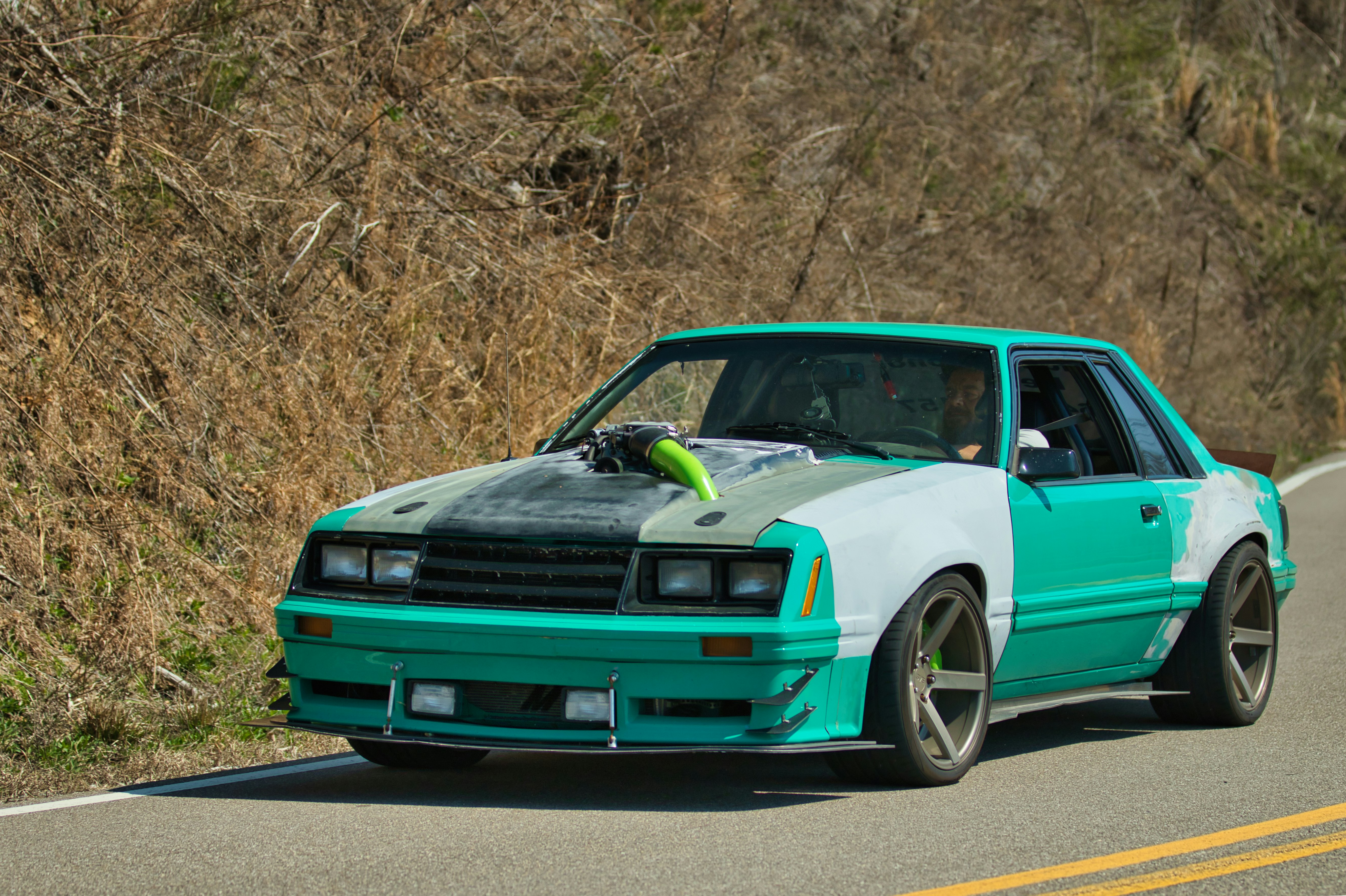 Minted Muscle: teal coupe with green accents cruising a sunlit road