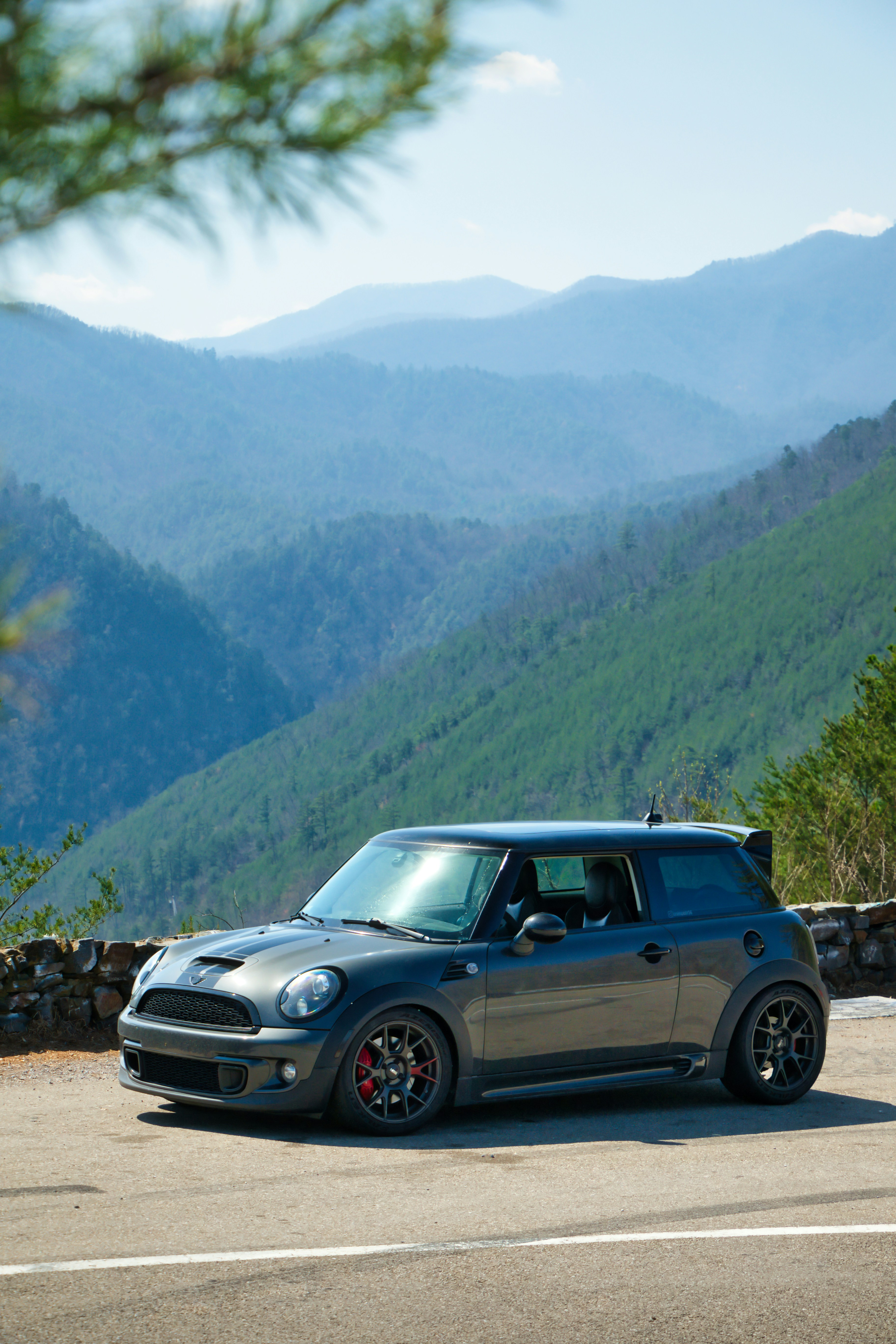 Blue Mini Cooper on a Mountain Vista