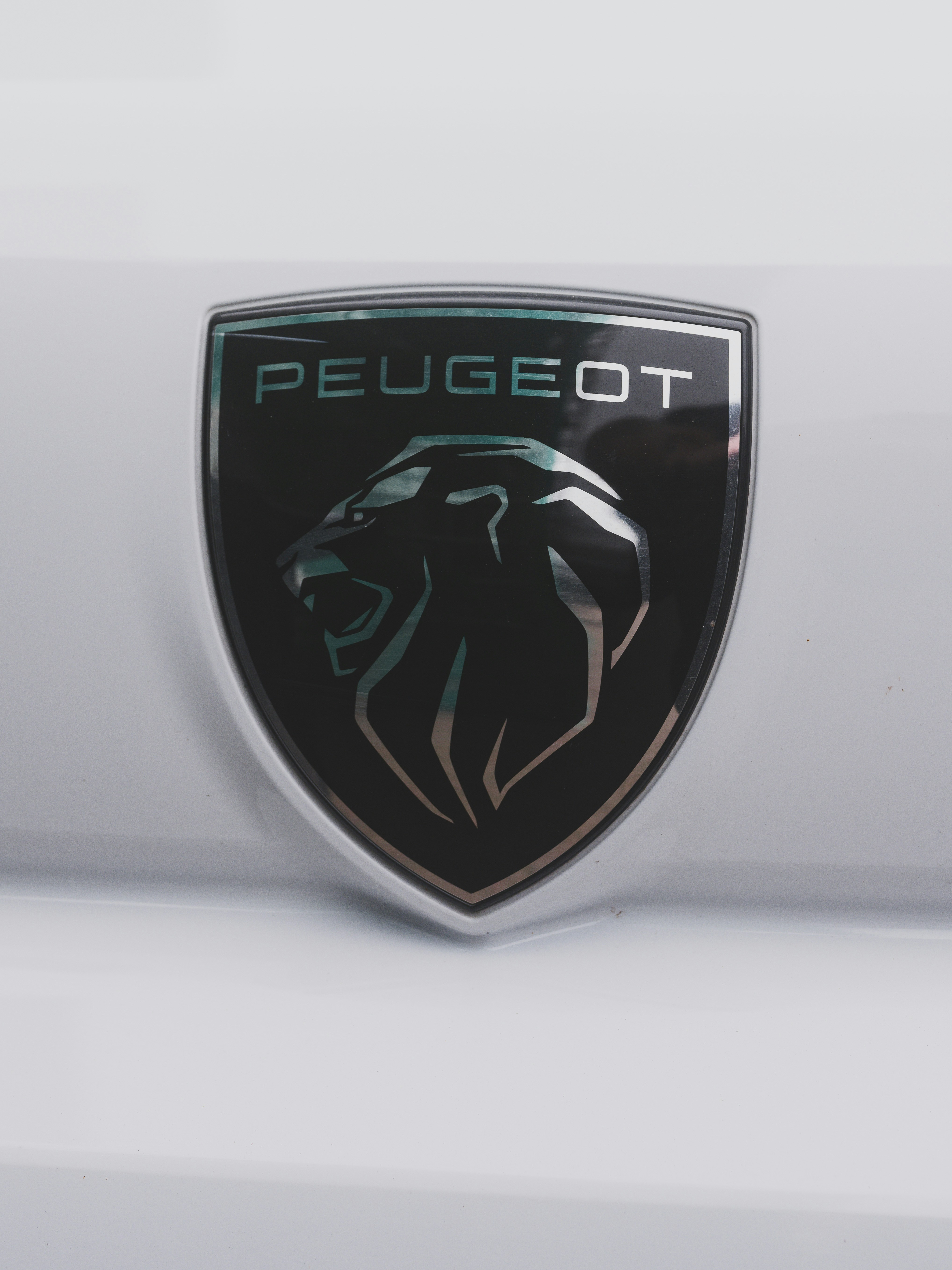 Lion Emblem in Soft Focus: Peugeot Crest on a Pearl-White Hood