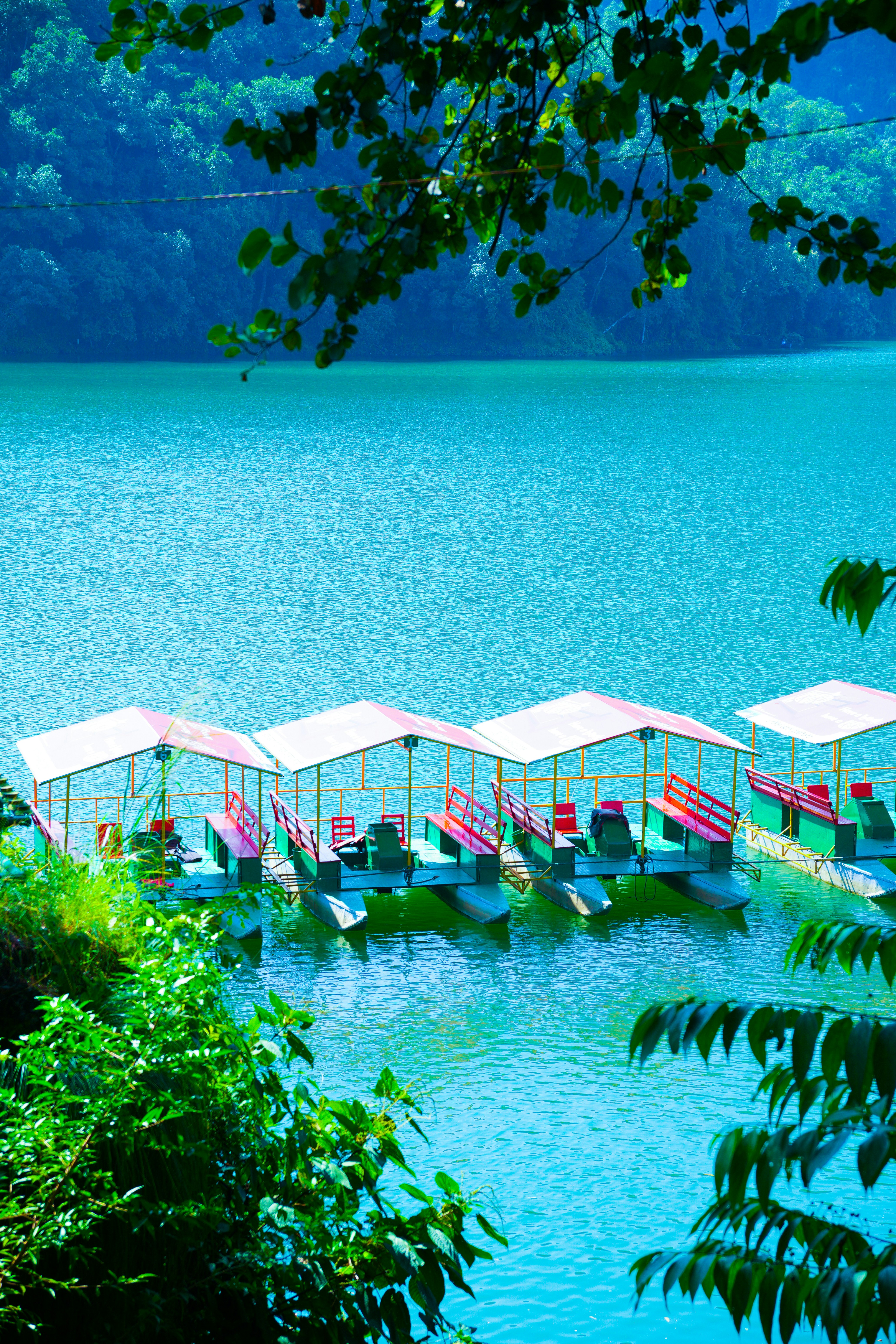 Rowboats drift along turquoise lake under dappled shade