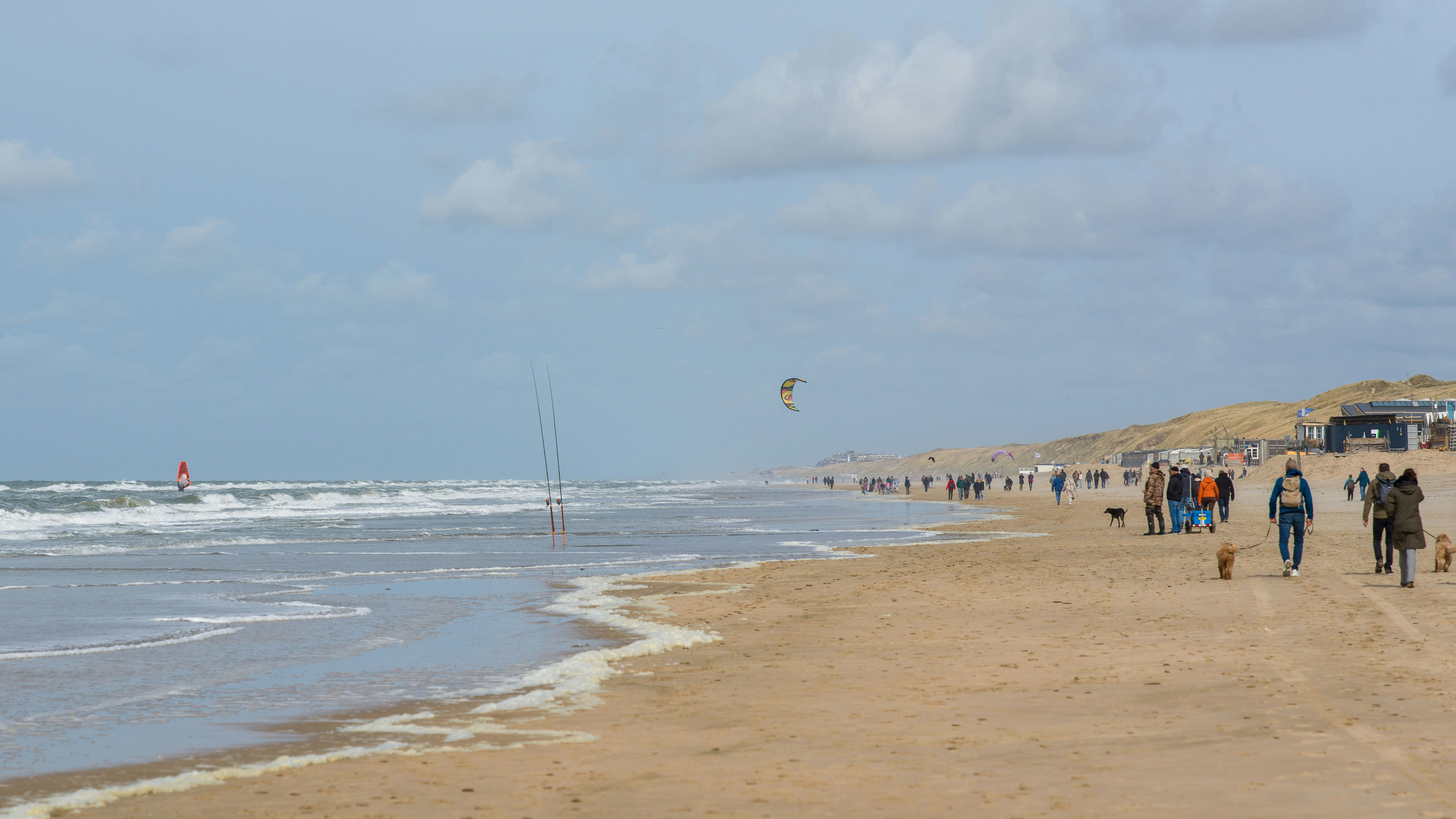 Kite Surfers and Windswept Boulevard on a Coastal Stretch