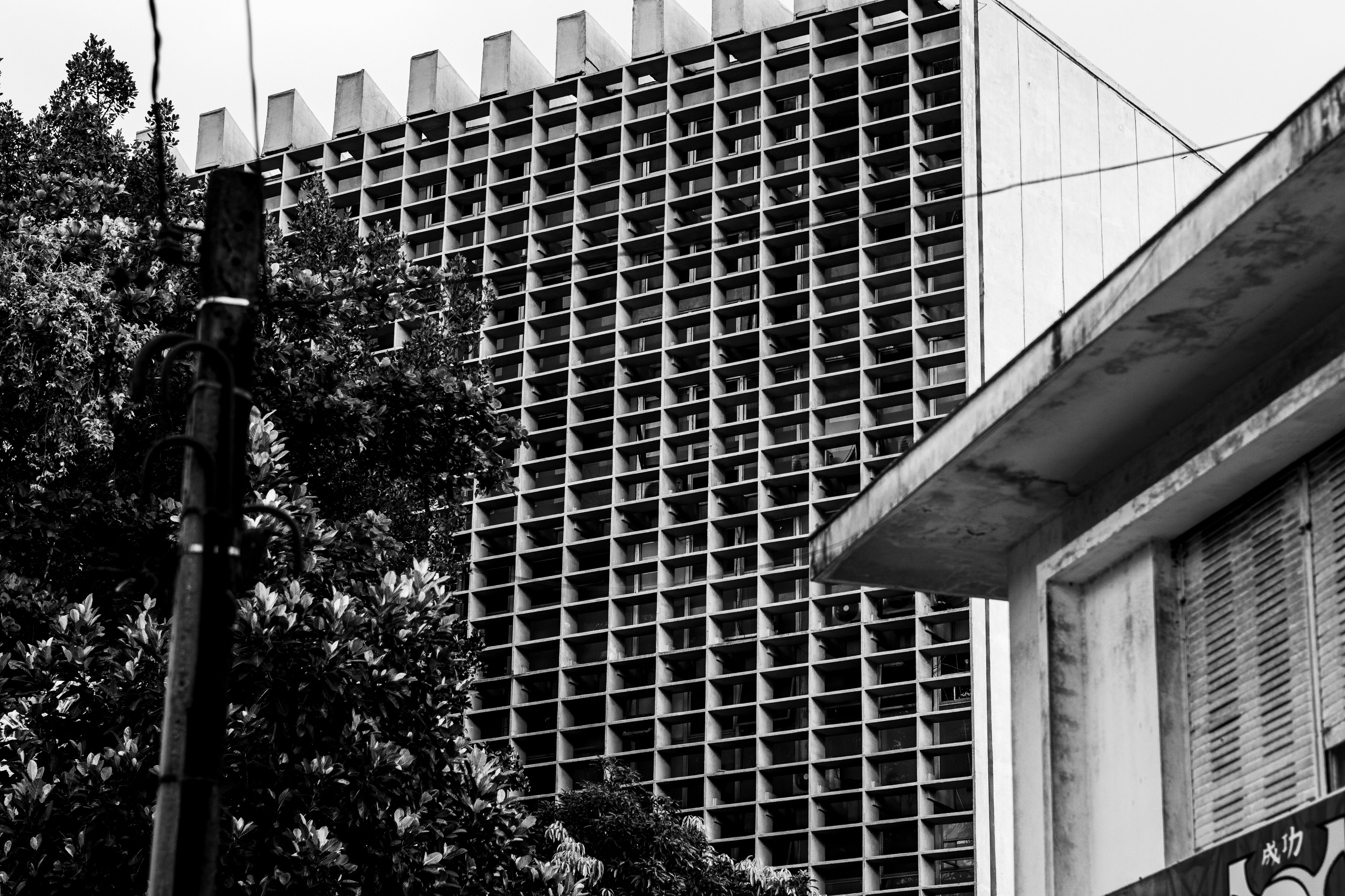 Concrete Grid and Overhang: A Monochrome City Facade in Quiet Angles