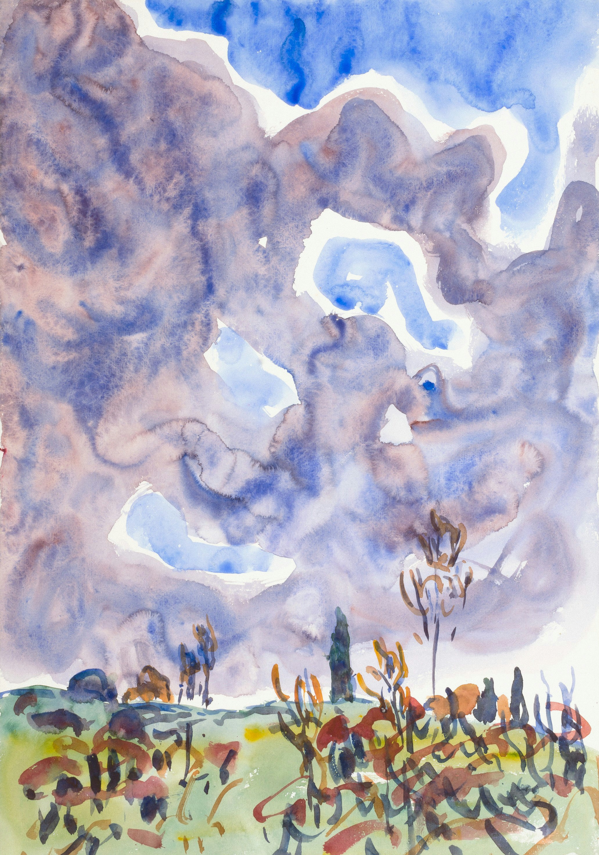 Storm-swept meadow under a violet sky
