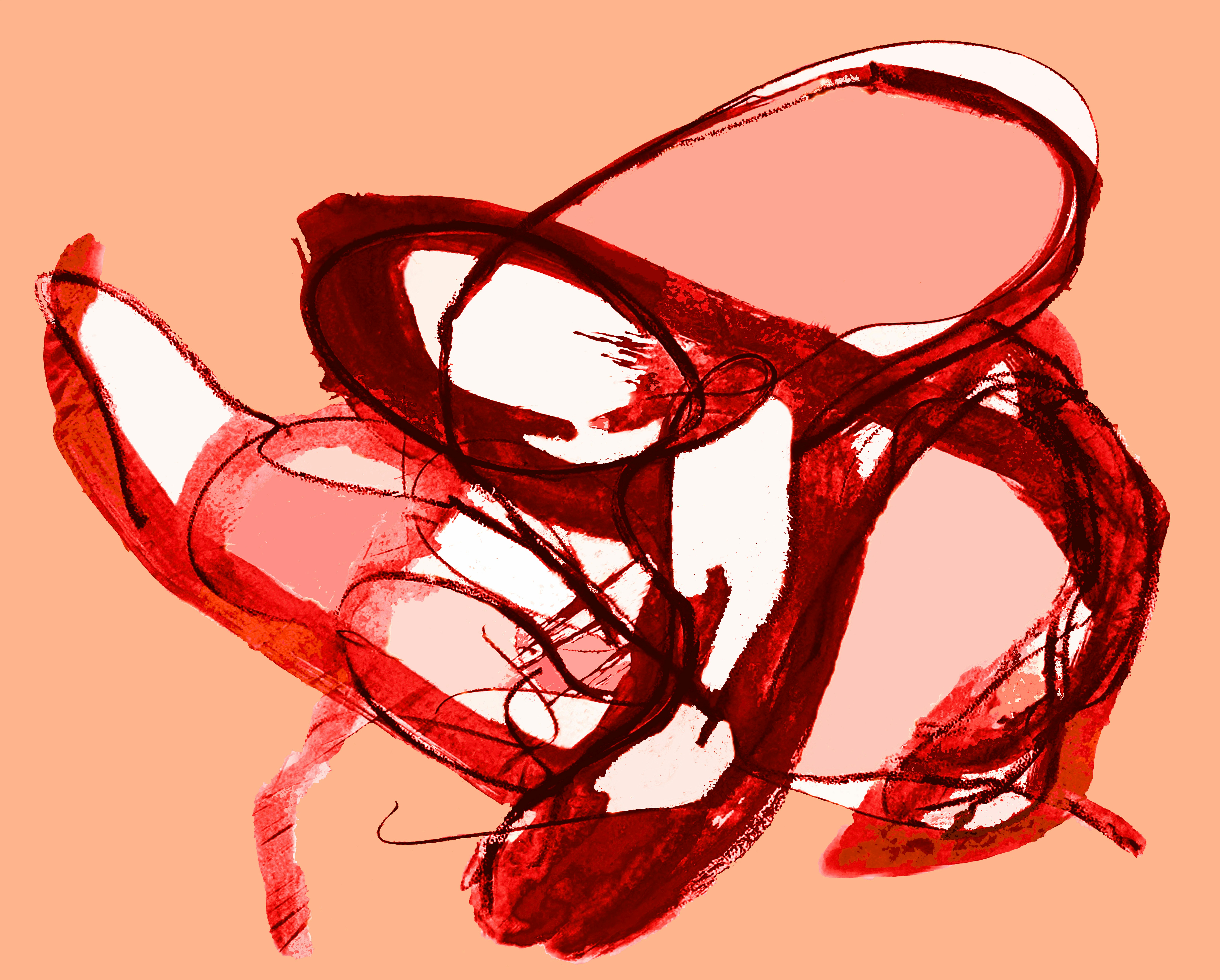 Abstract Red Calligraphy in Soft Peach