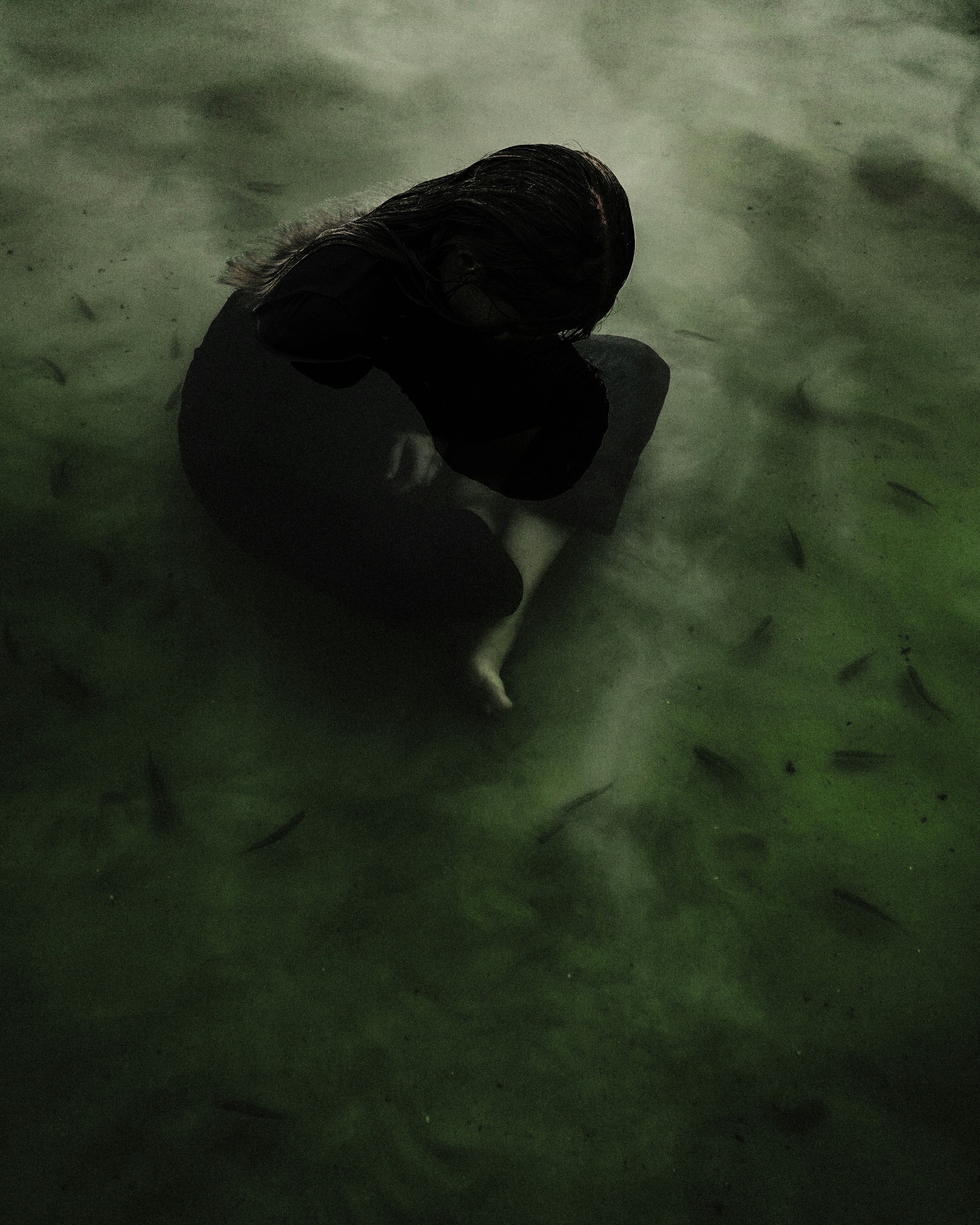 Shadowed Descent: A Figure Emerges from Green Mist