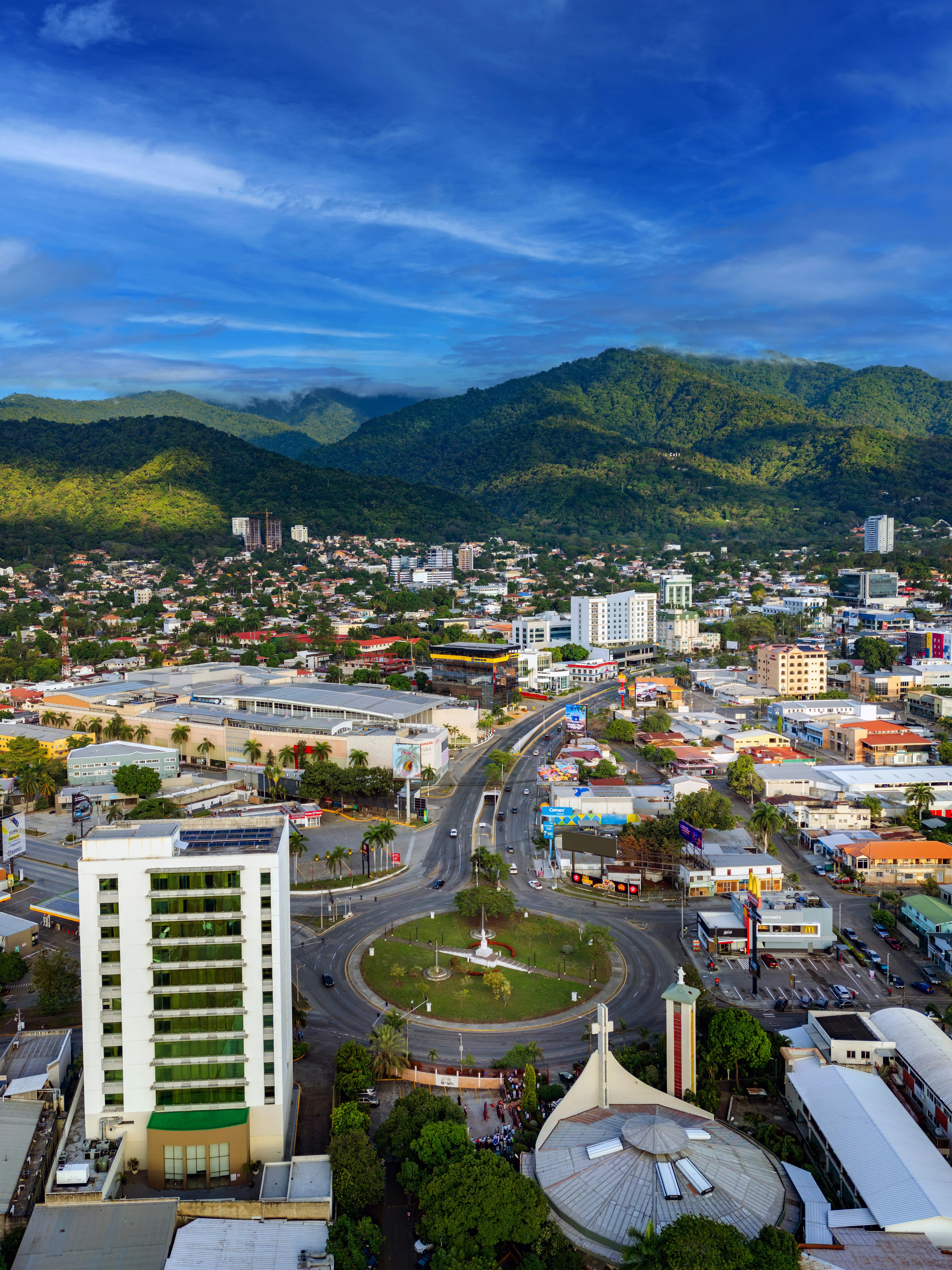 Aerial Heart of a Sunlit Town nestling at the foothills