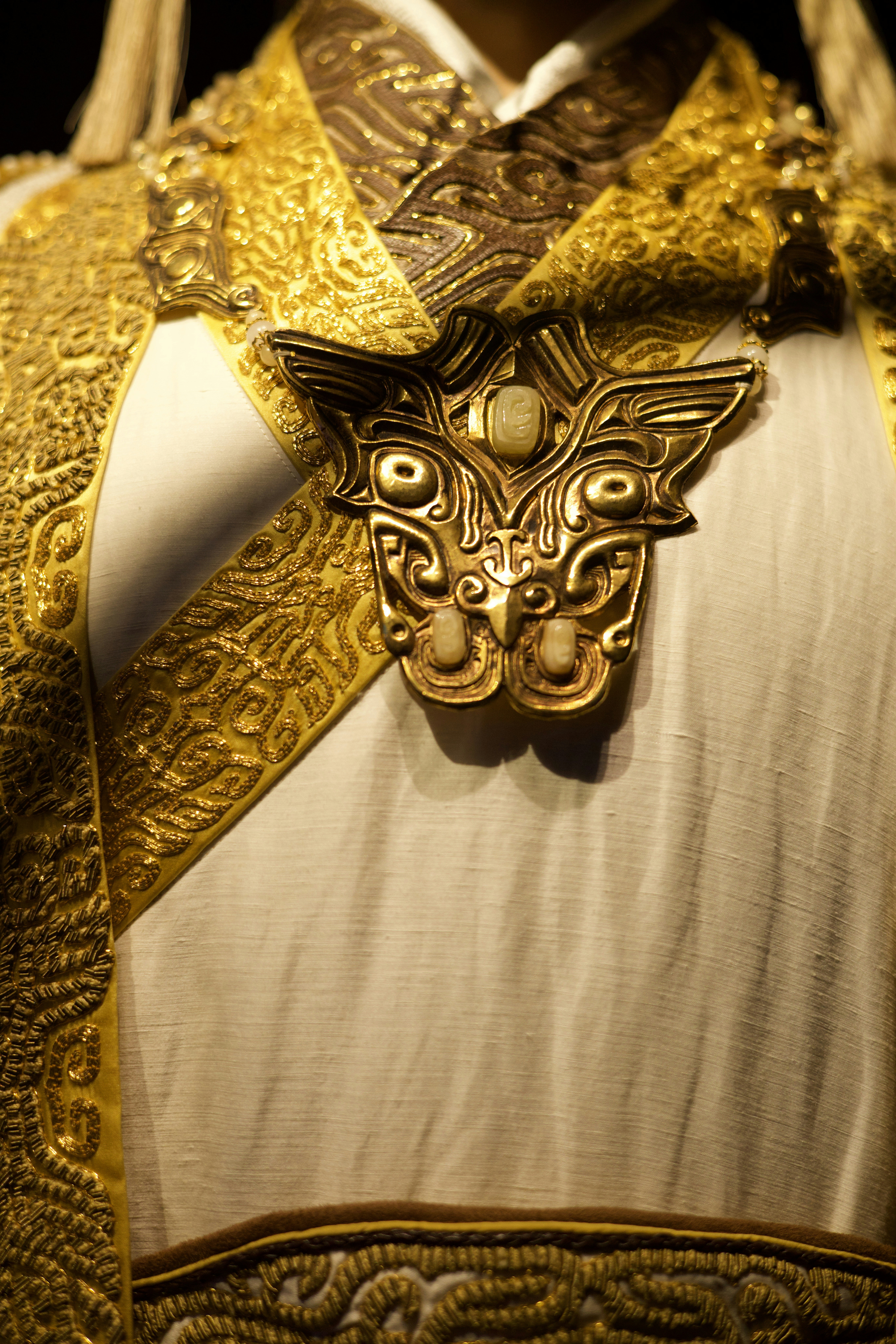 Golden Crest: An Ornate Regal Sash and Mask Adorning a Noble Garment