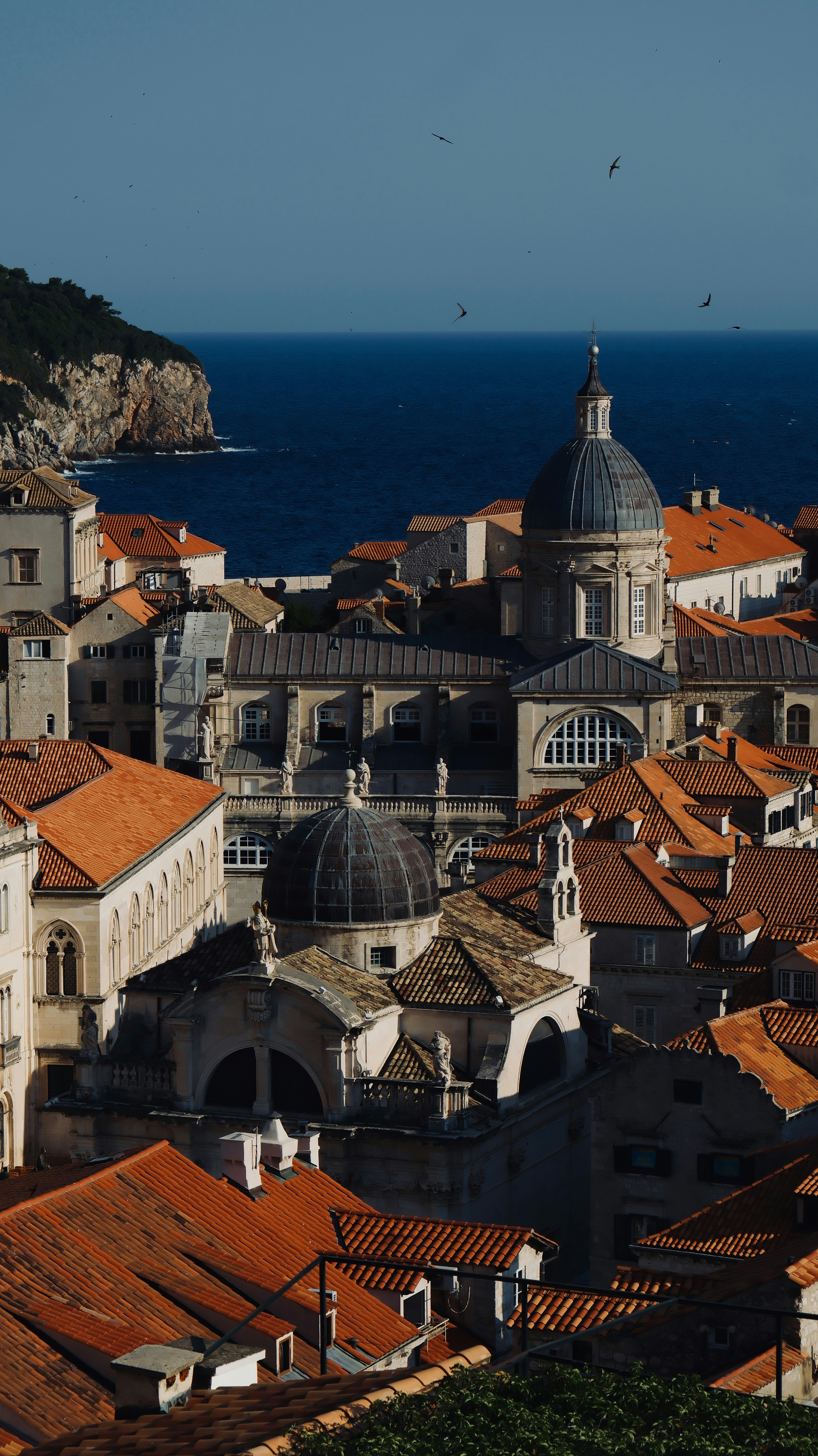 Red-tiled rooftops and a domed heritage complex overlooking a blue Adriatic horizon