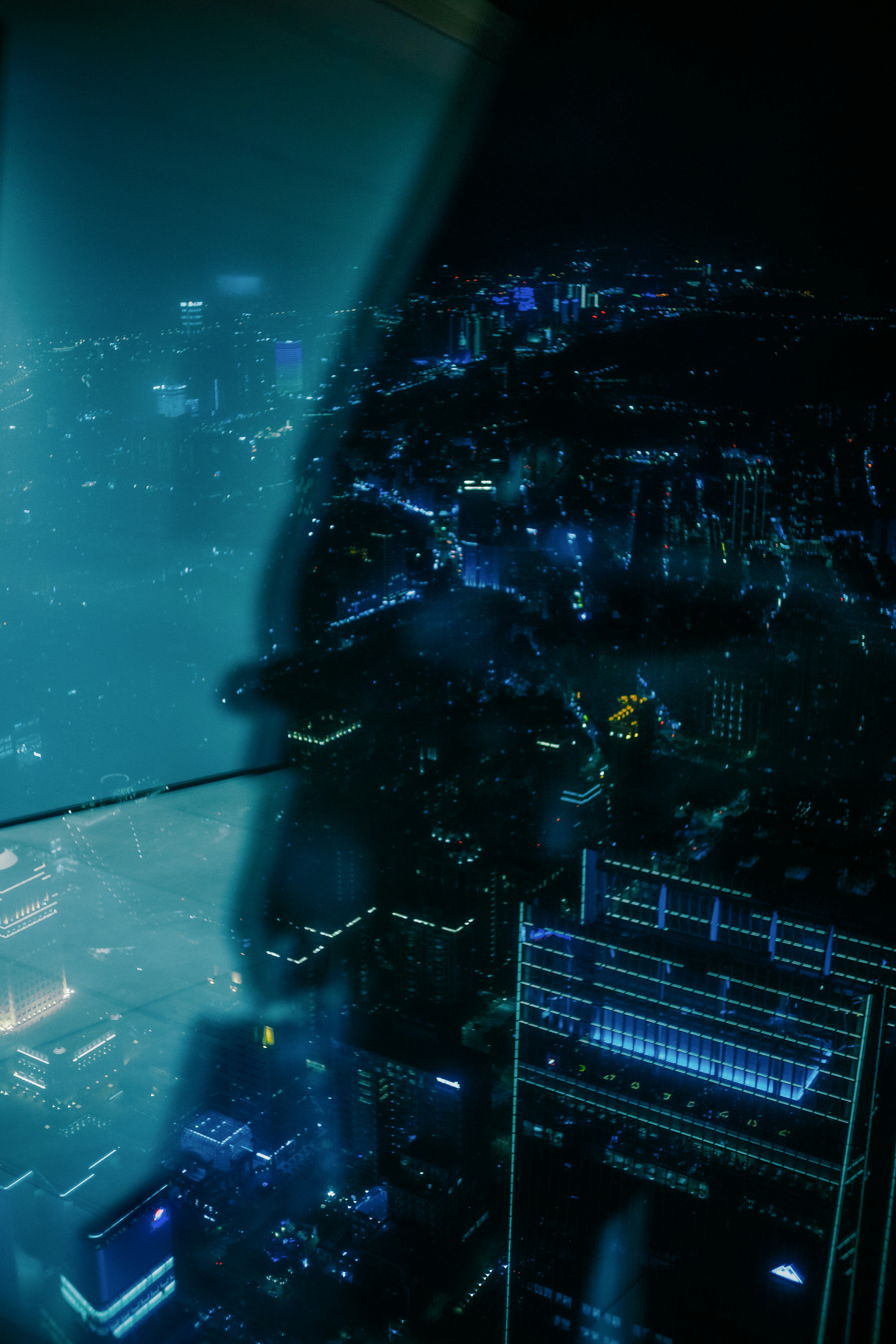 City in a Glassy Silhouette: Night Views Through a Skyscraper Window