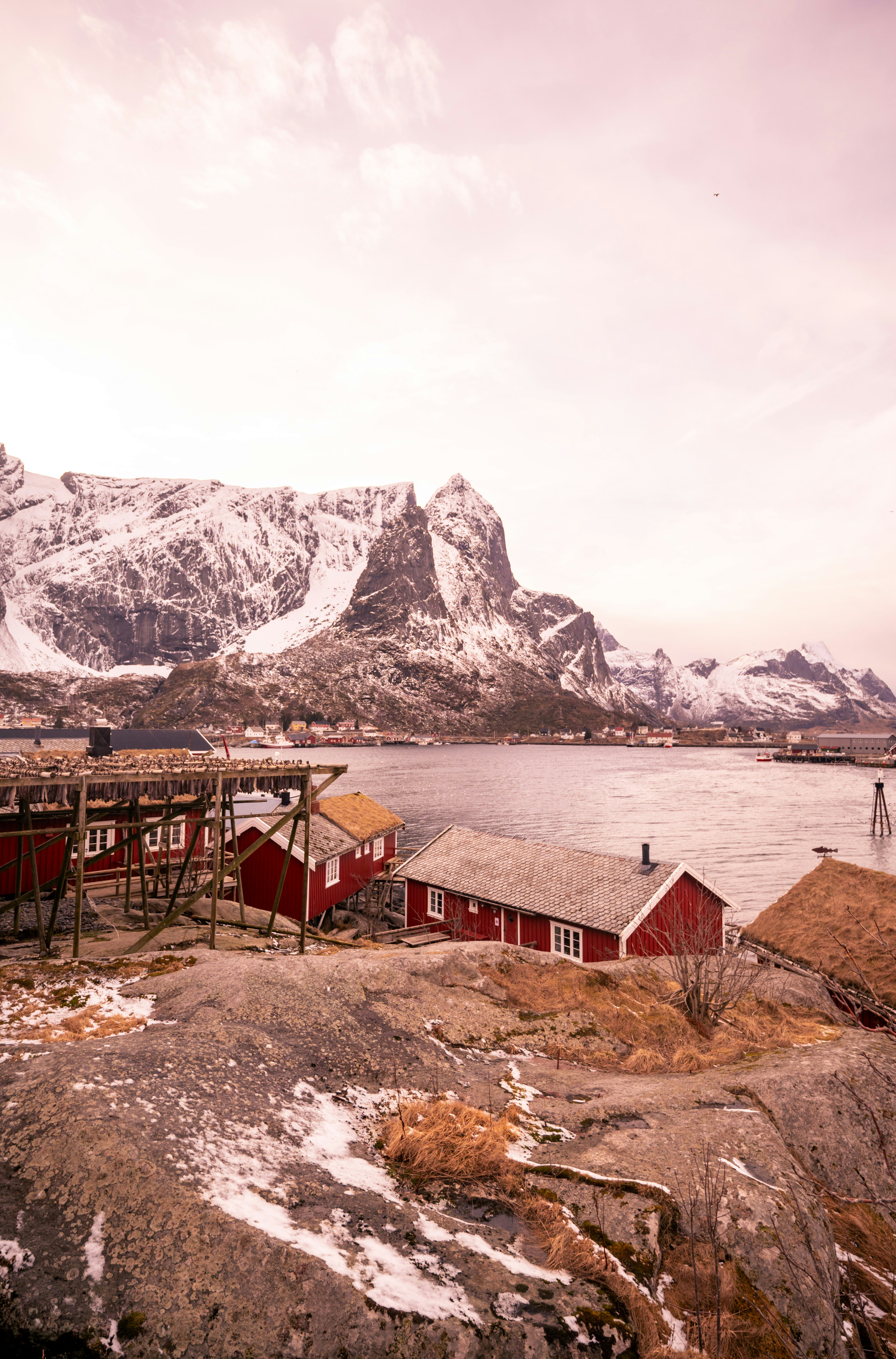 Snow-kissed fjord village under pastel sky