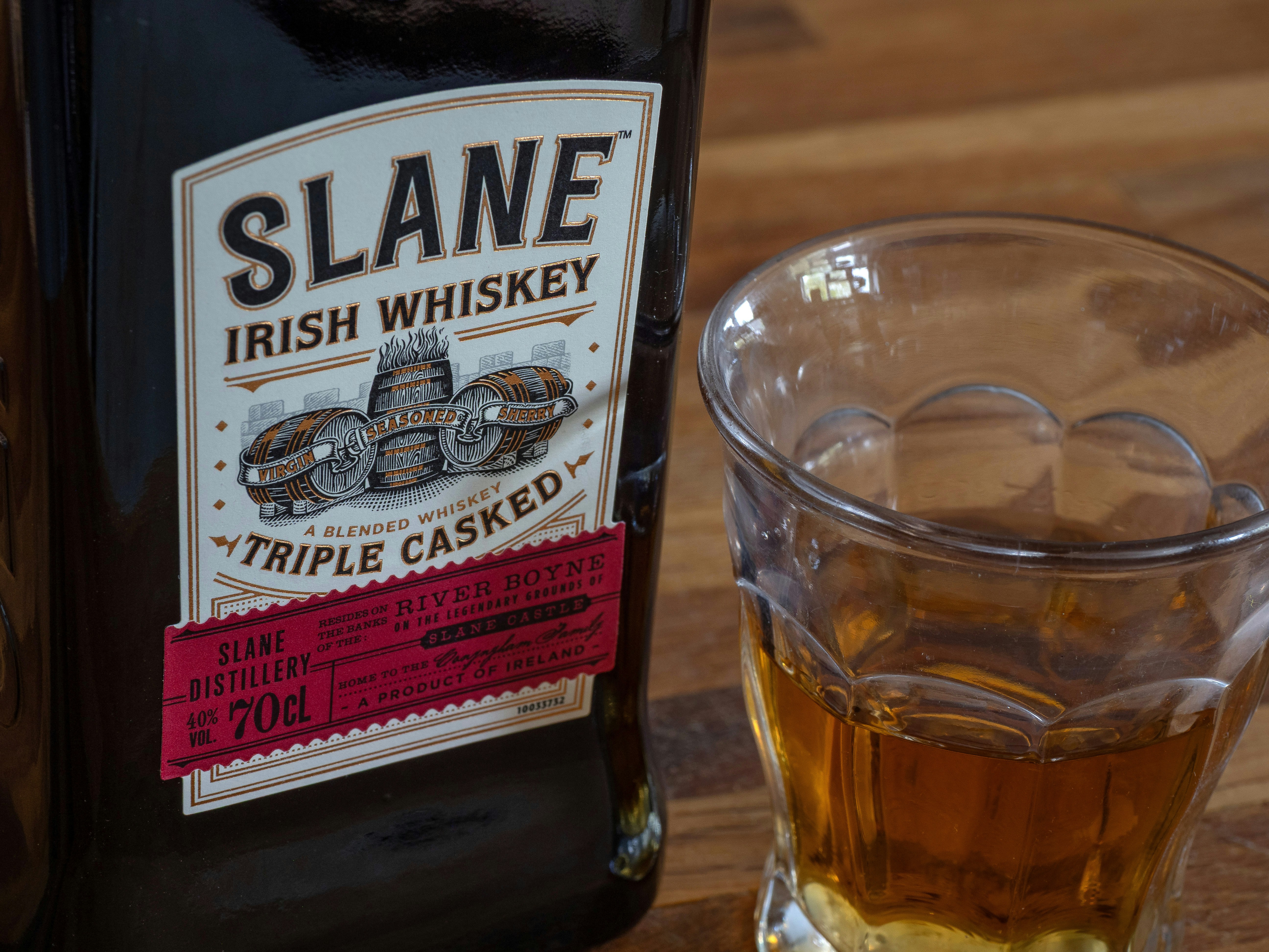 Slane Irish Whiskey Front Label with Glass of Whiskey