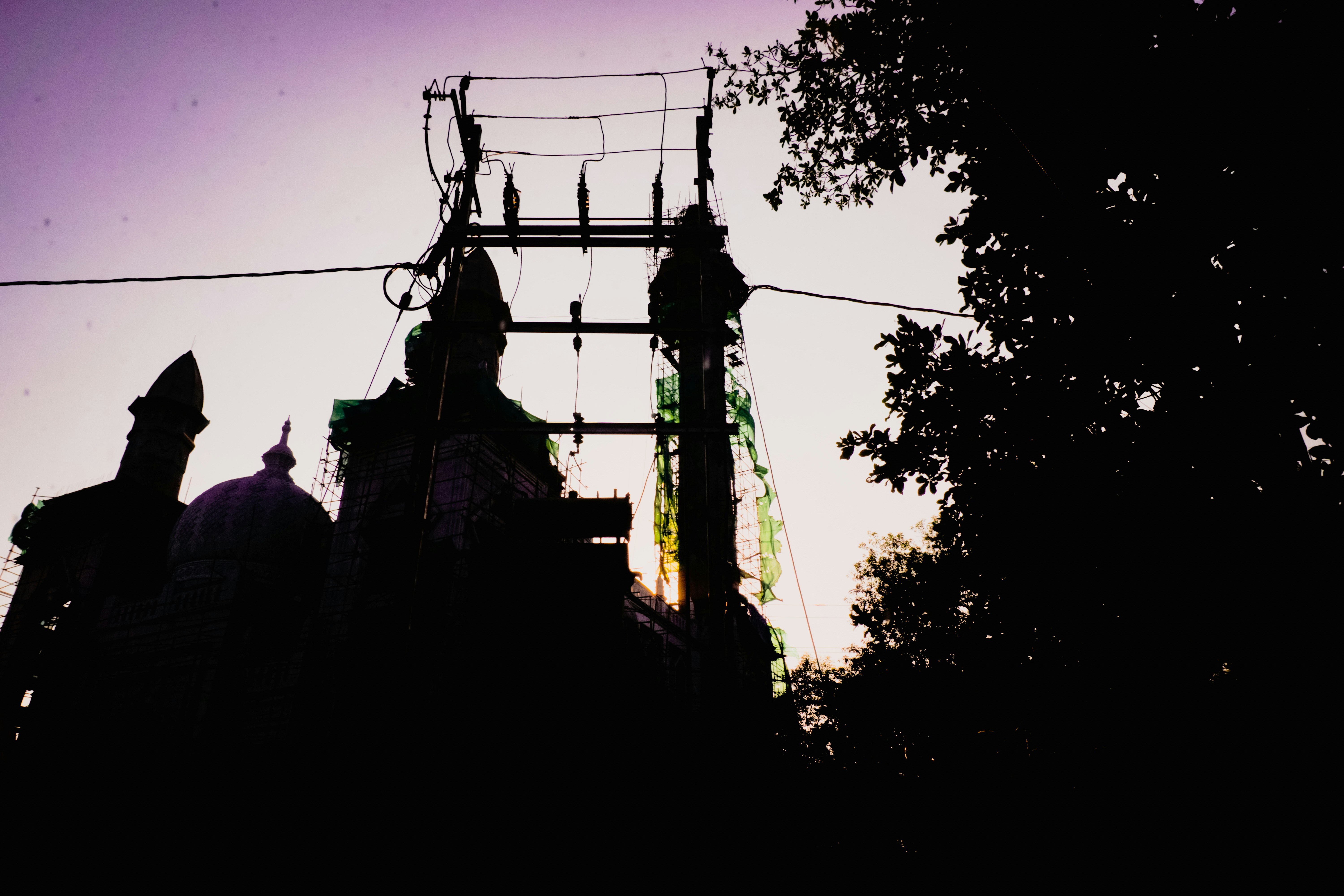 Silhouette Cathedral under Dusk: Power Lines and Tree silhouettes