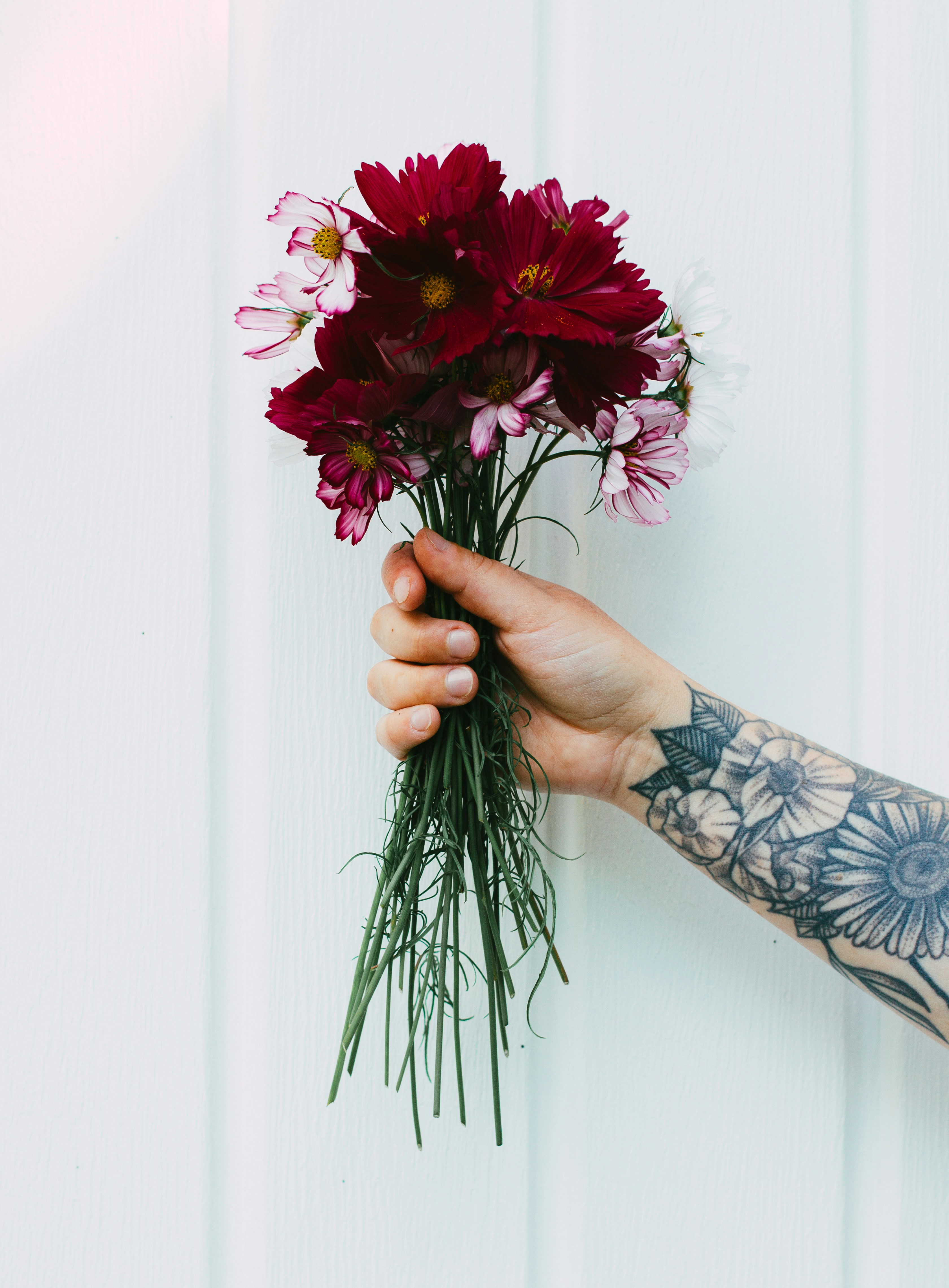 Petal Grasp: A Handful of Deep Maroon Blooms Against a Pale Panel