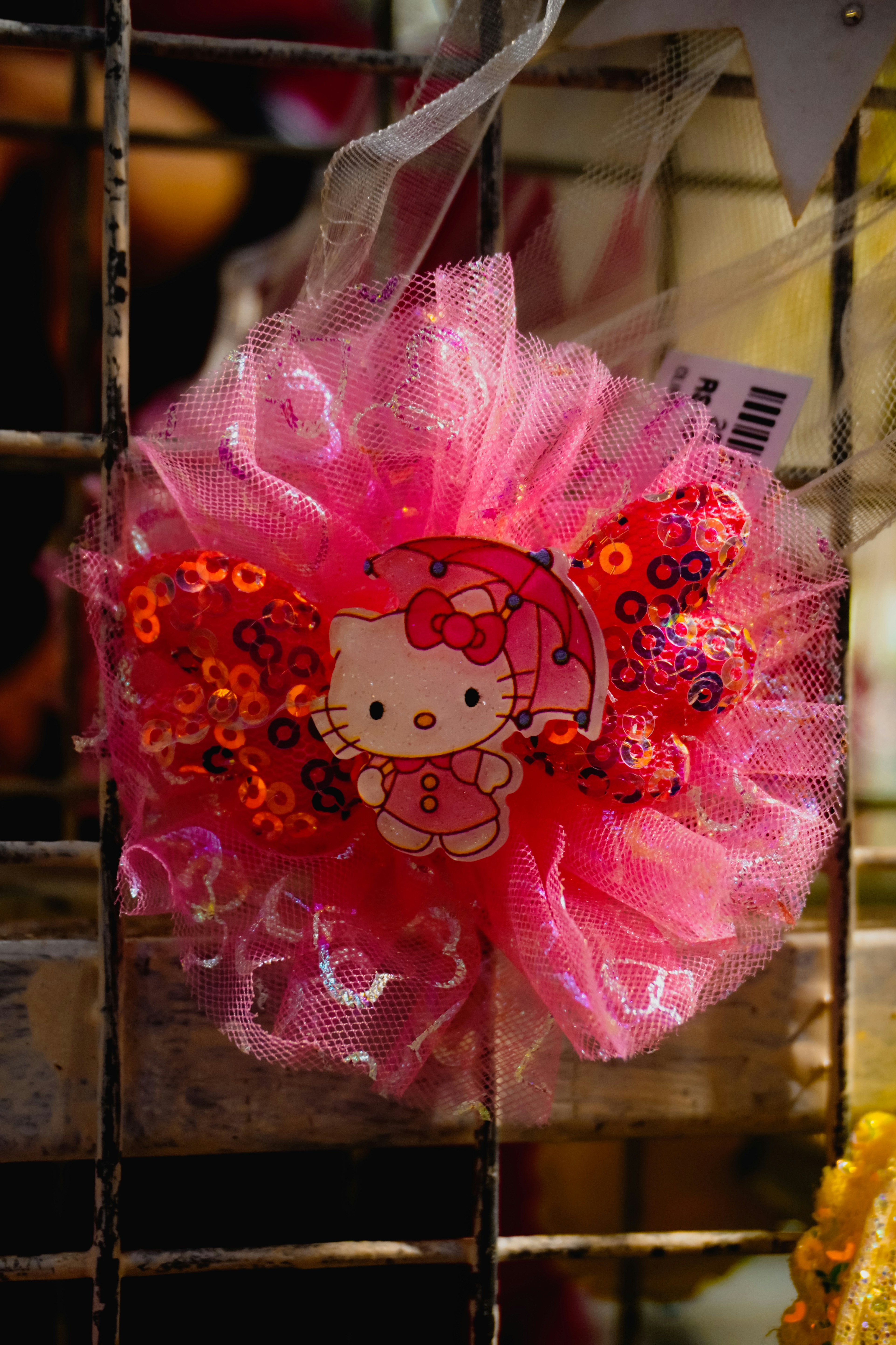 Hello Kitty Pink Tulle Ornament on Rustic Cage