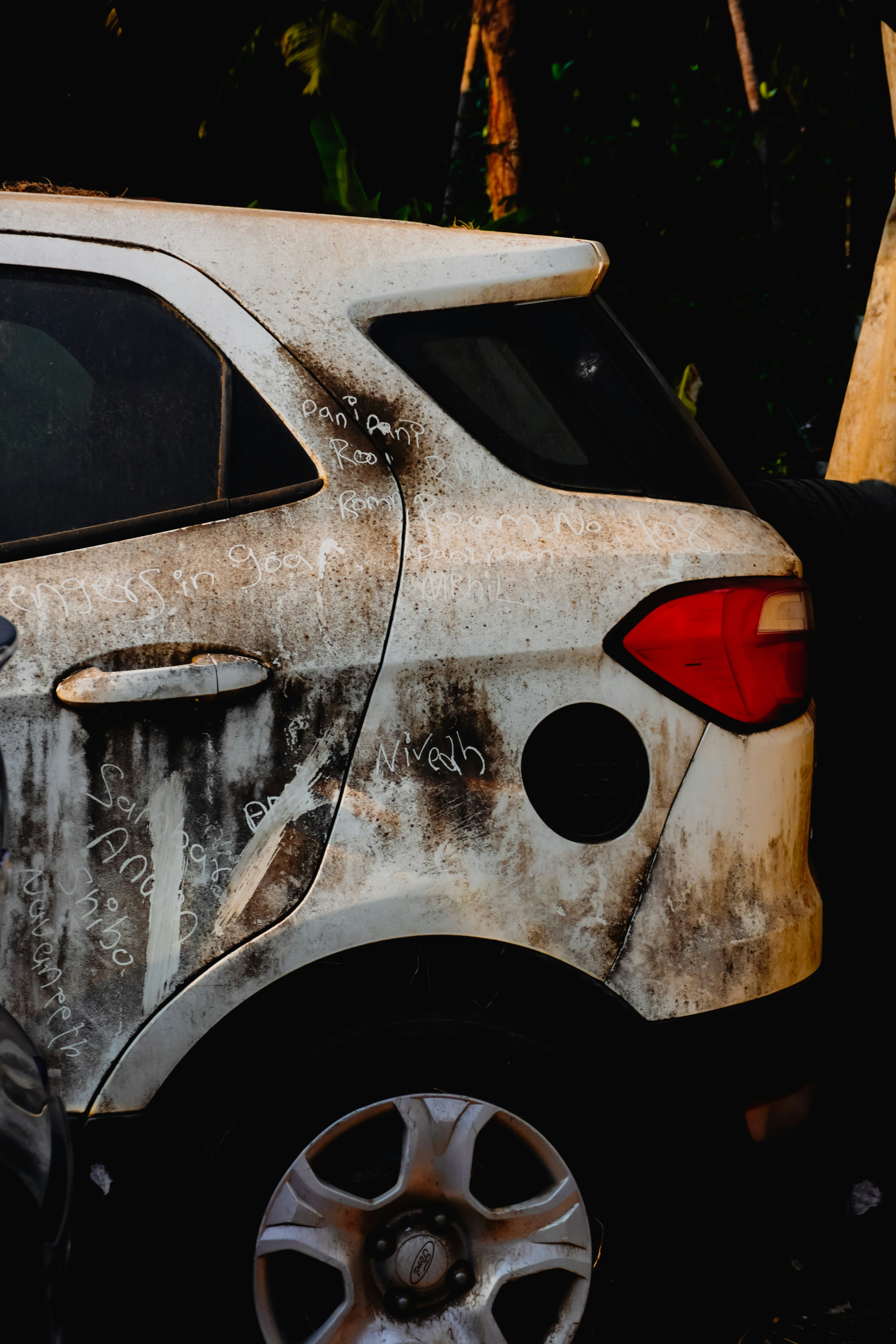 Sun-bleached SUV in a Graffiti-Whitewashed Clearing