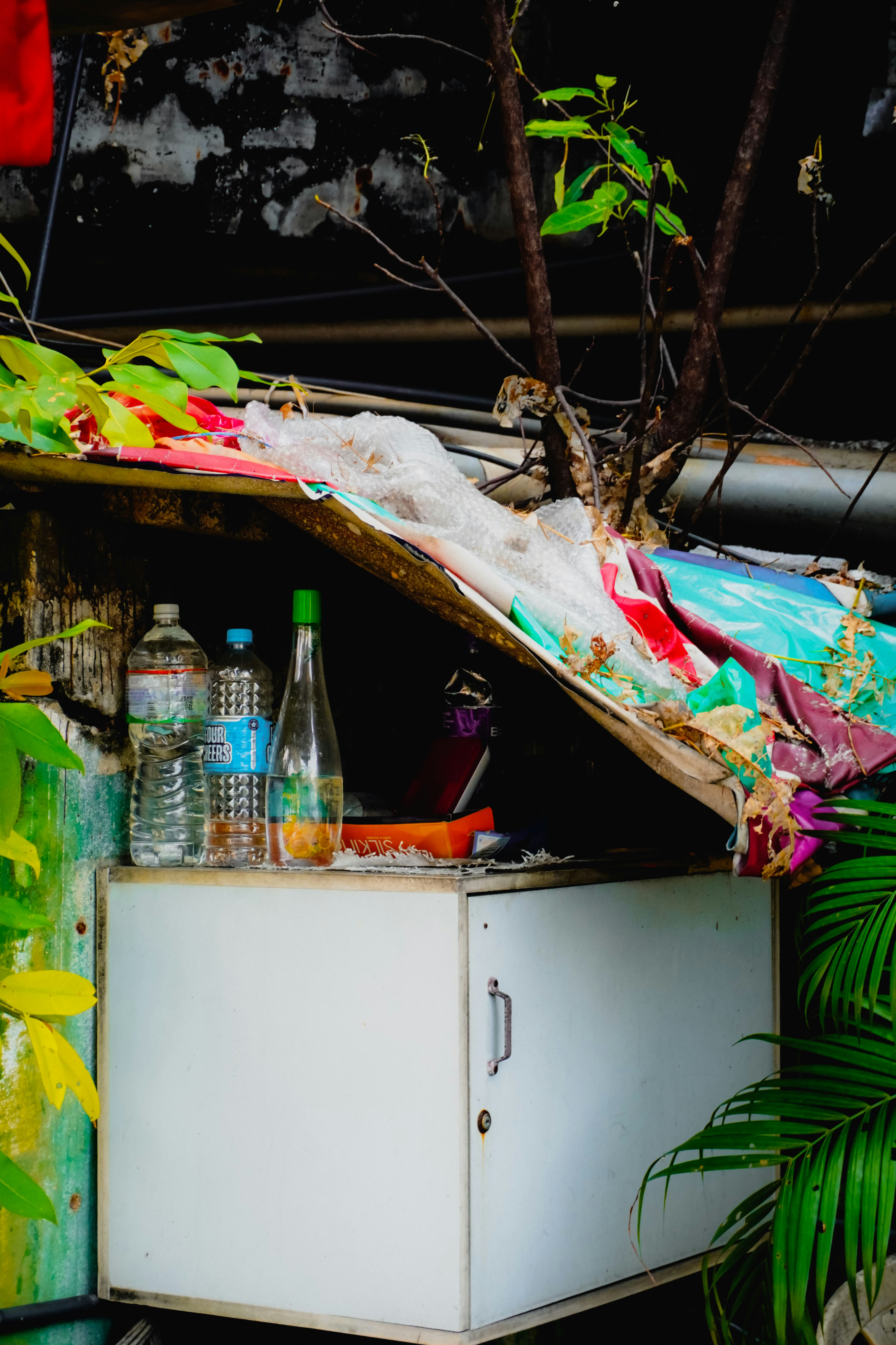 Sheltered Corner: Bottles, Cloth, and Greenery Beneath a Makeshift Roof